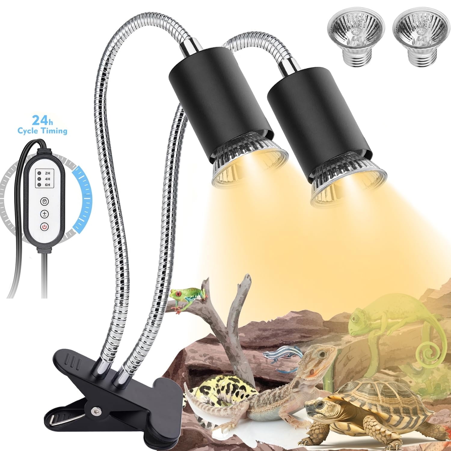 Reptile Heat Lamp, Double-Head Heat Lamp with Clamp, UVA UVB Reptile ...