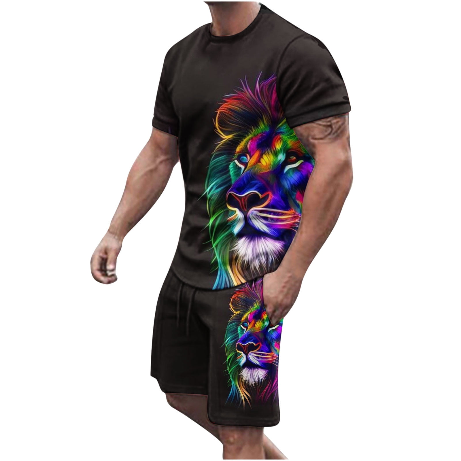 UVEASISHA 2 Piece Set for Men Summer,Men Short Sets Outfits 3D Lion ...