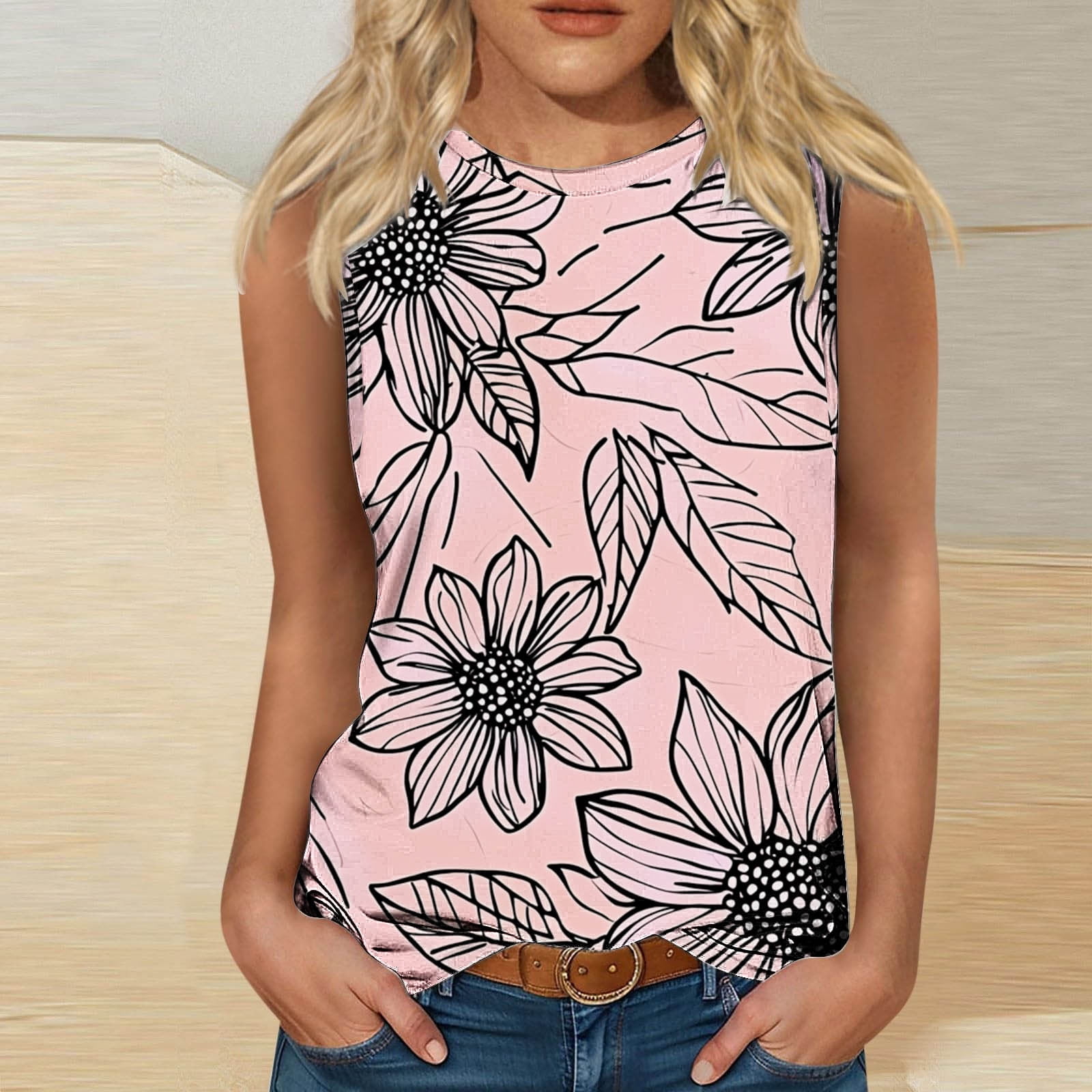 UVEASISHA Beach Tank Top for Women Sleeveless Boho Floral Print Tee Tops Crew Neck Pleated Tanks ...
