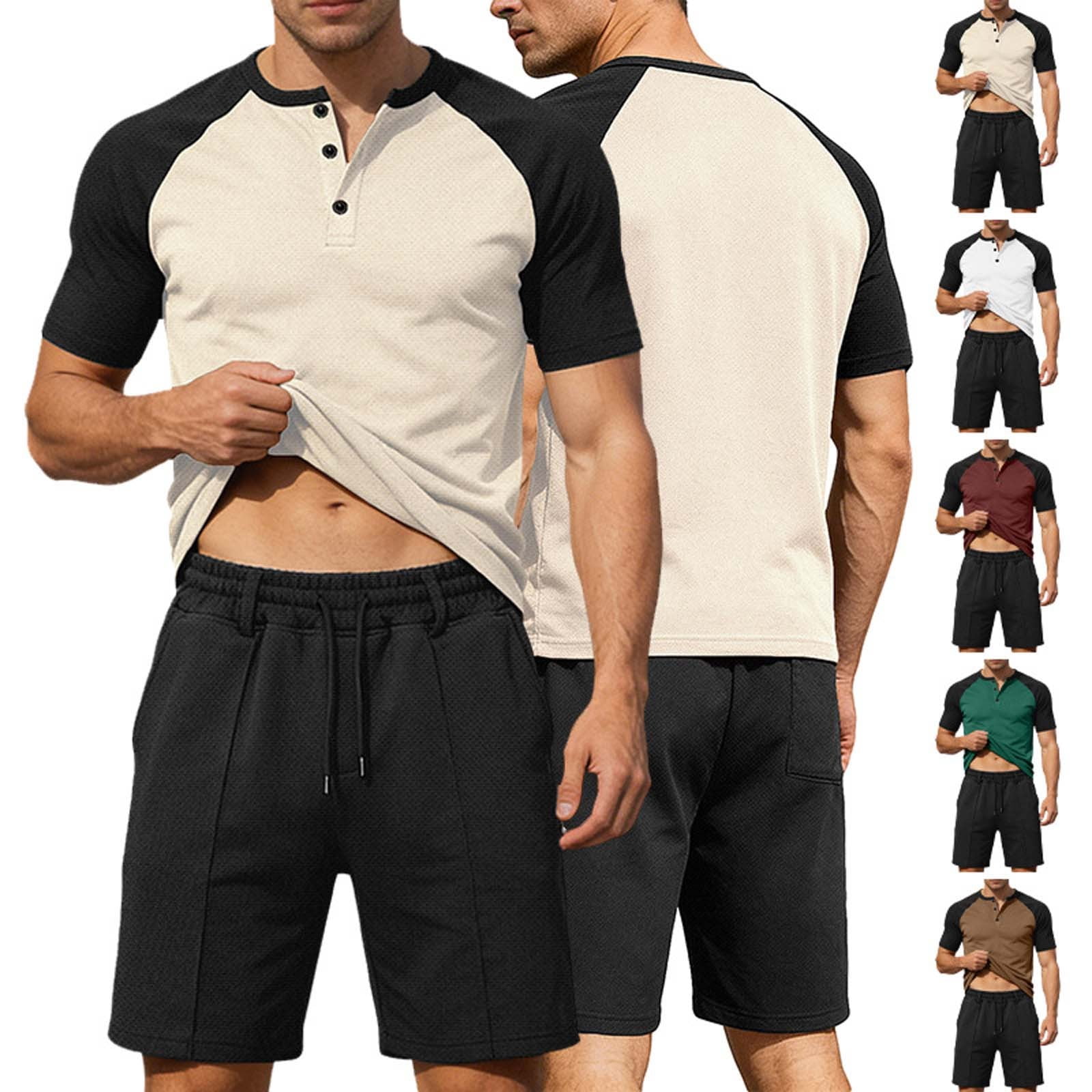 UVEASISHA Casual Shorts Sets for Men Waffle Knit Outfits Color Block ...