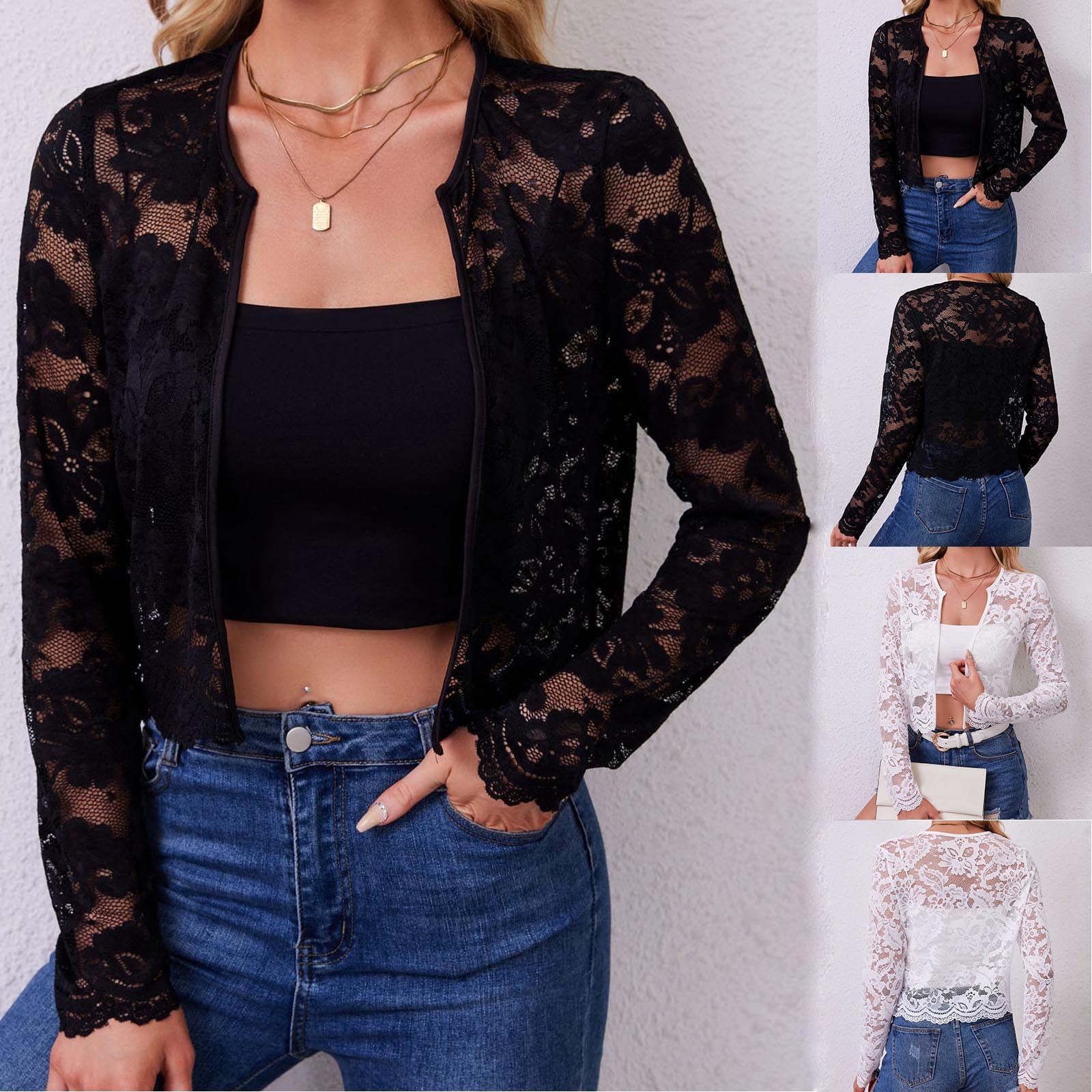 UVEASISHA Cropped Shrug Cardigan for Women Long Sleeve Lace Open Front ...