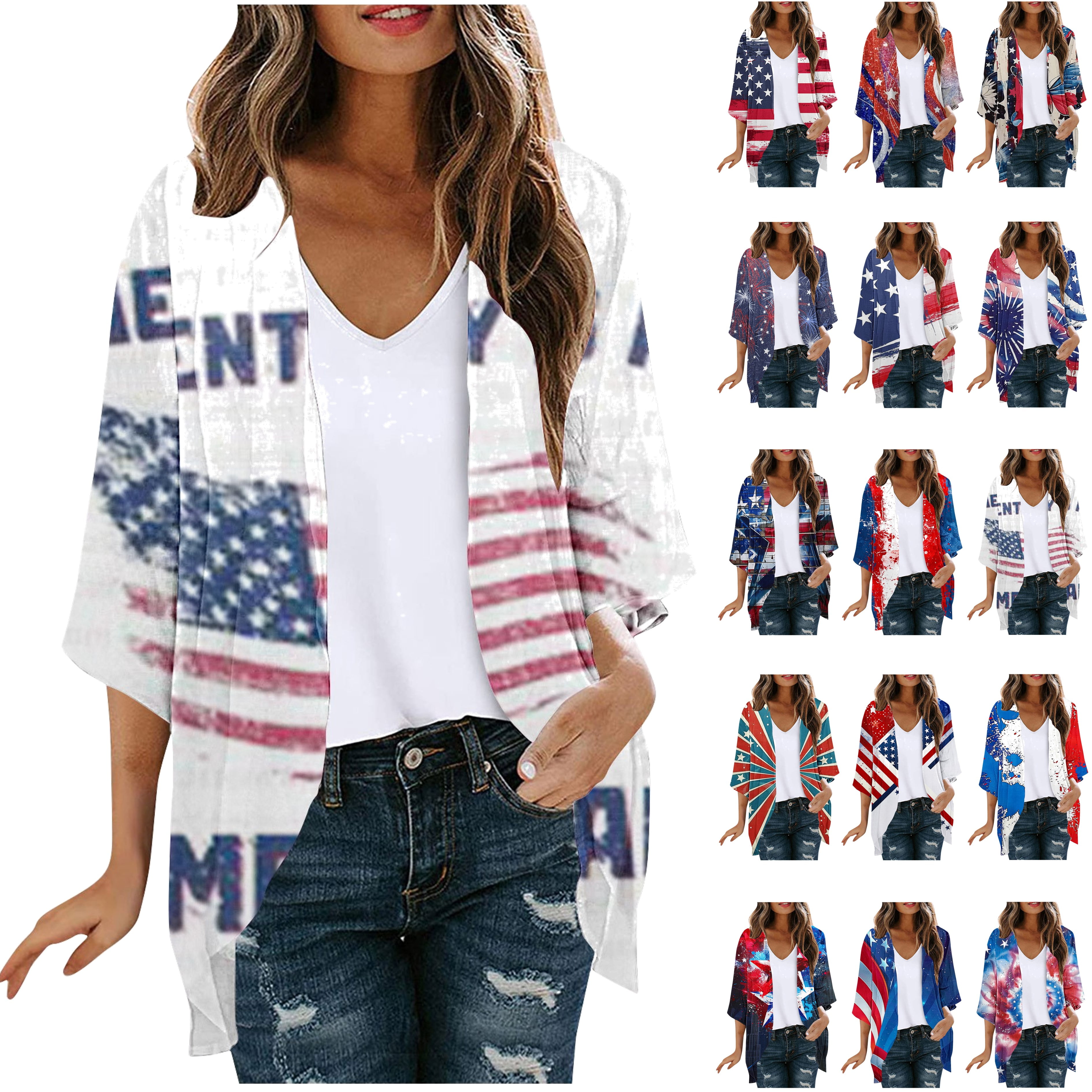 UVEASISHA Fourth of July Cardigan for Women 3/4 Sleeve Lightweight ...