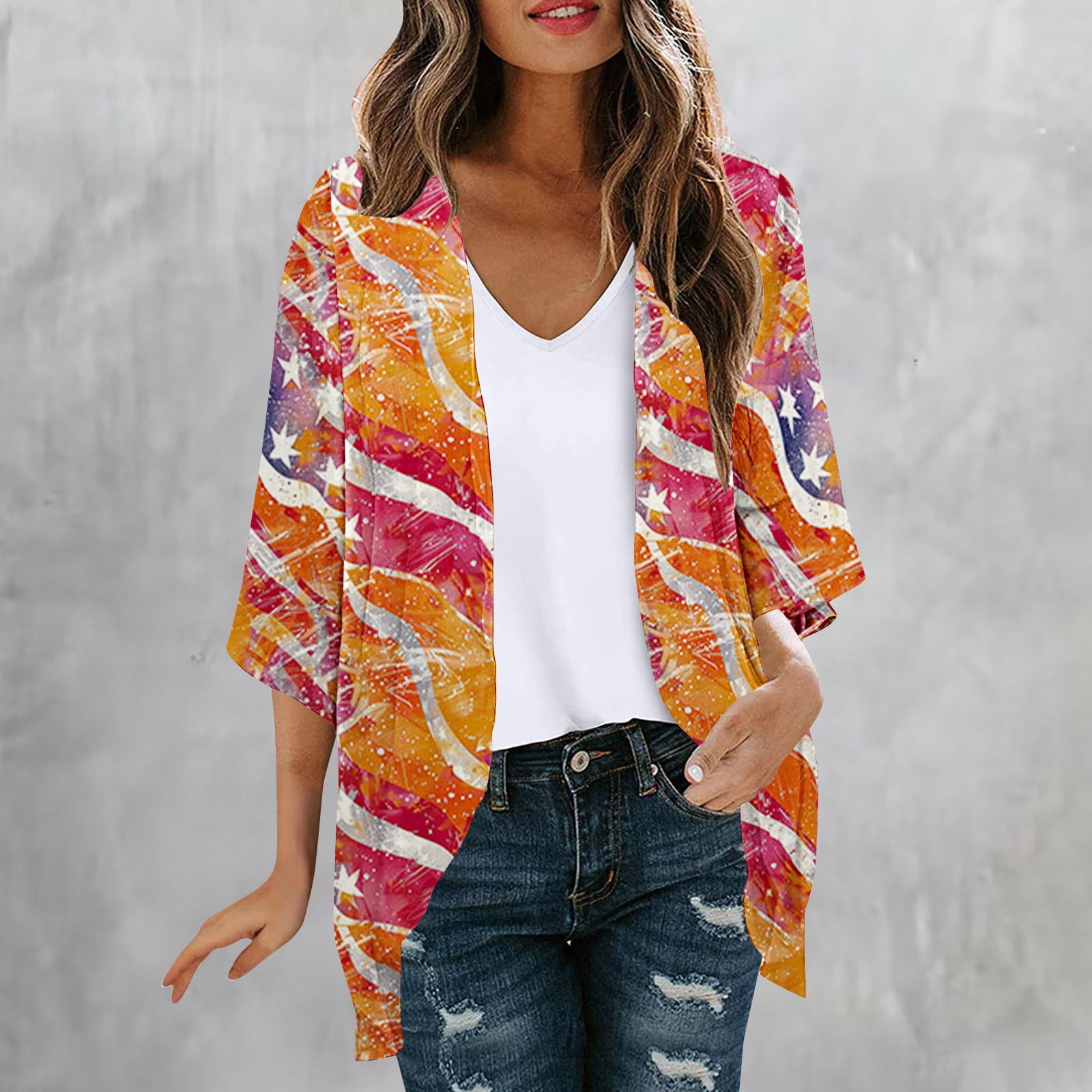 UVEASISHA Ladies Kimono Tops,Women's Summer Beach American Flag Chiffon ...