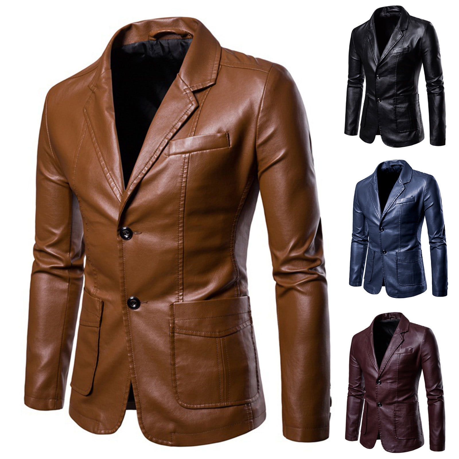 UVEASISHA Leather Suit Jacket for Men Fashion Slim Fit Notched Lapel ...