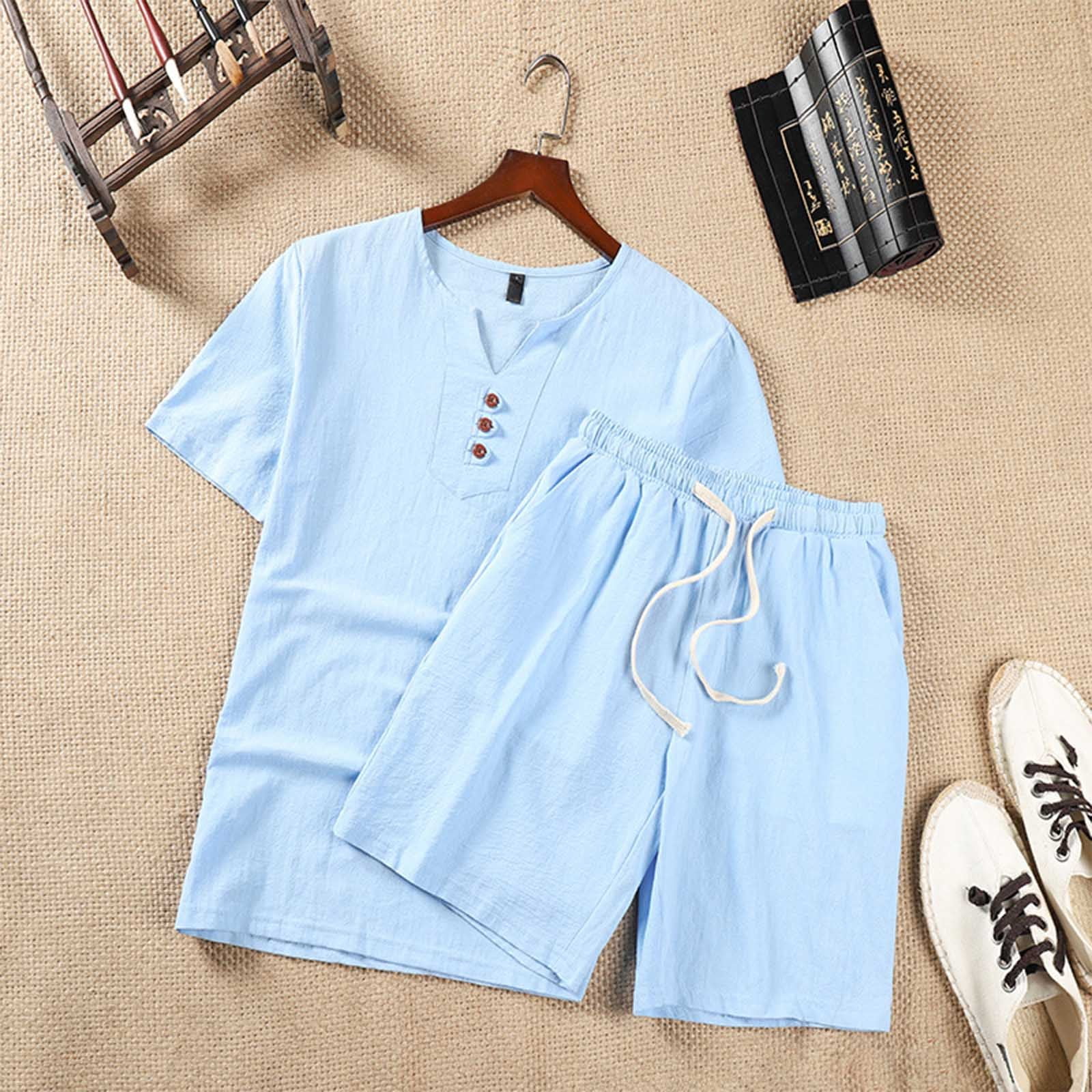 UVEASISHA Linen Set for Men 2 Piece Beach Outfits Short Sleeve Henley ...