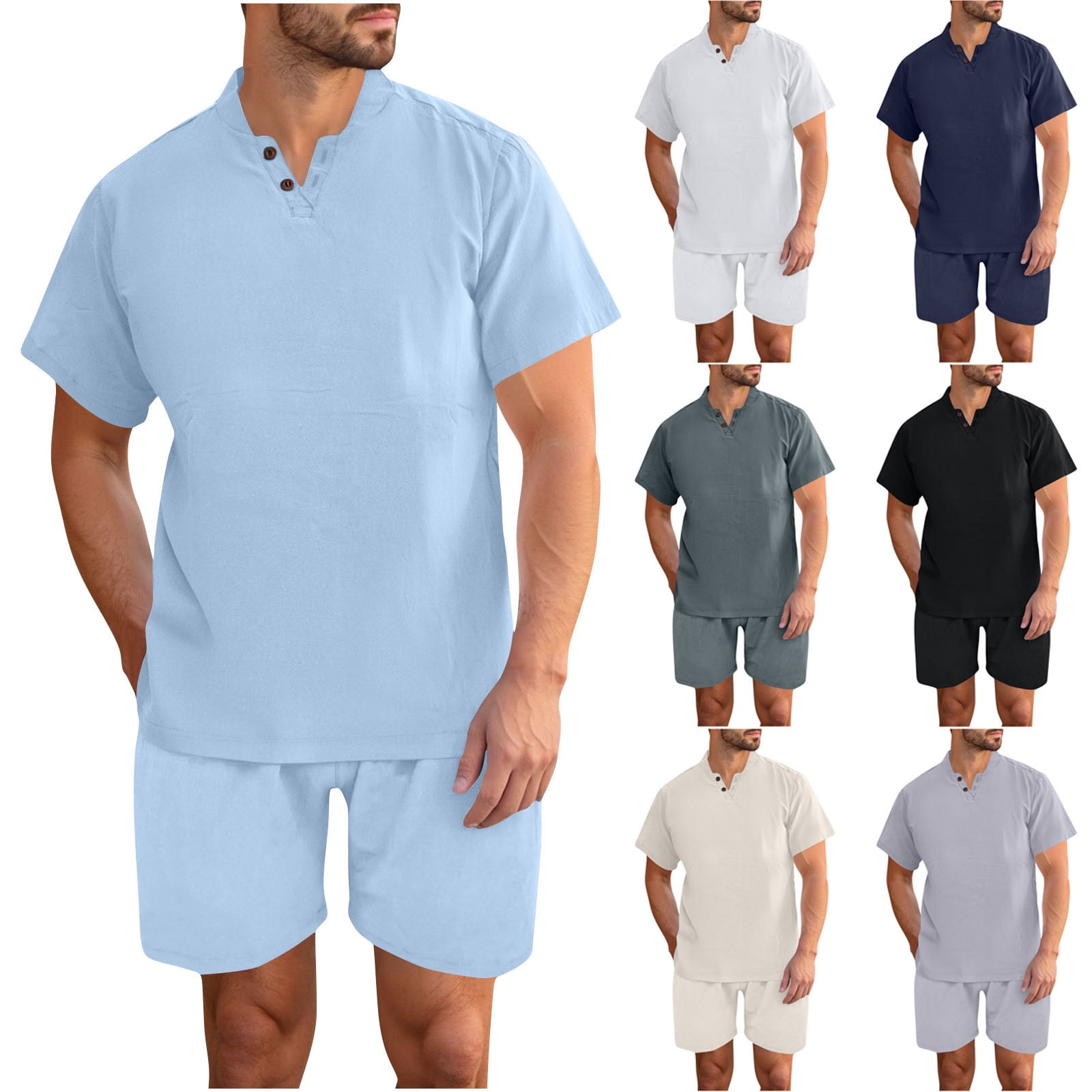 UVEASISHA Linen Short Sets for Men Loose Fit V Neck Shirts and Shorts 2 ...