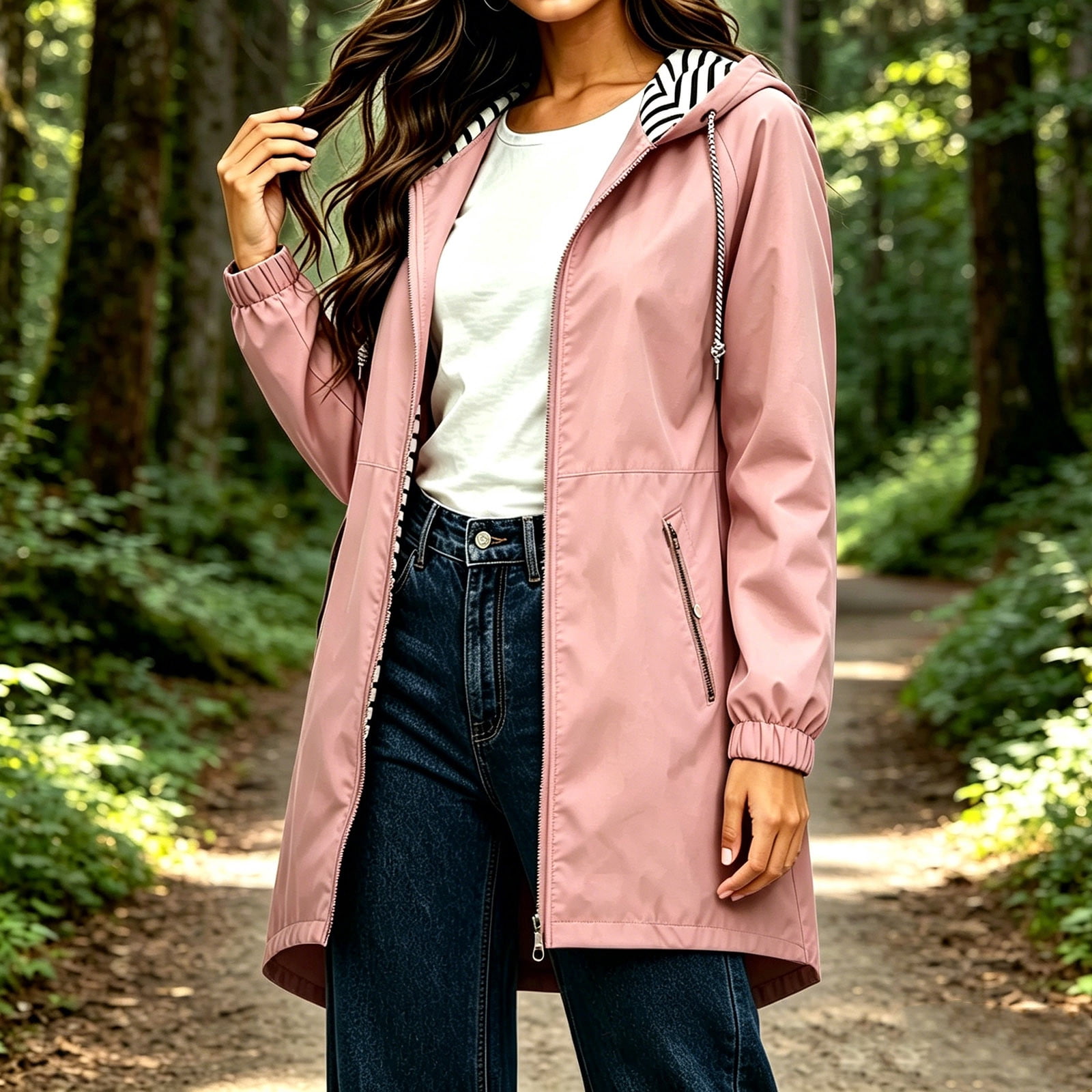UVEASISHA Long Waterproof Rain Jacket Women Striped Lined Hooded ...