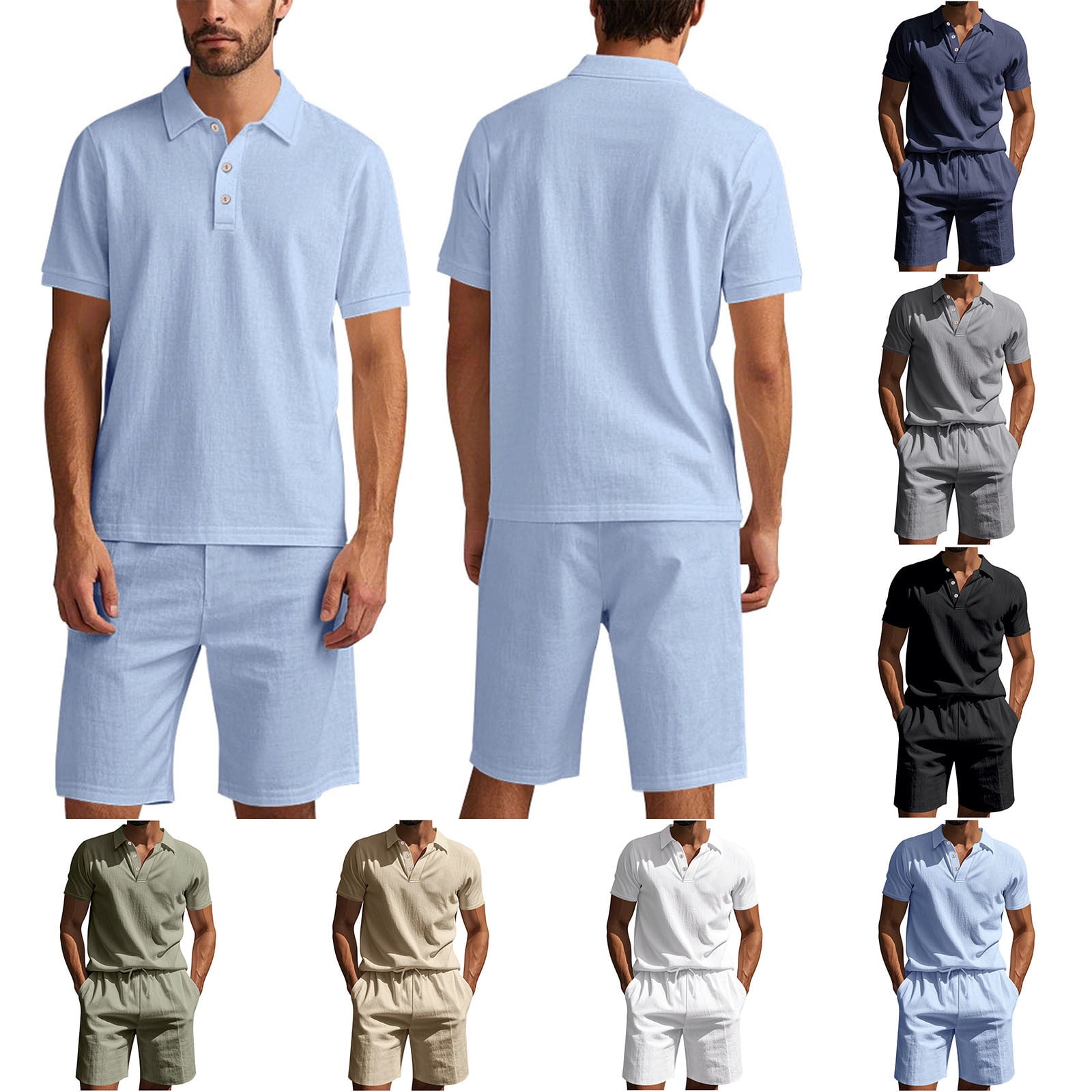 UVEASISHA Men's 2 Piece Linen Sets Summer Short Sleeve Polos Shirts and Drawstring Shorts Lounge ...