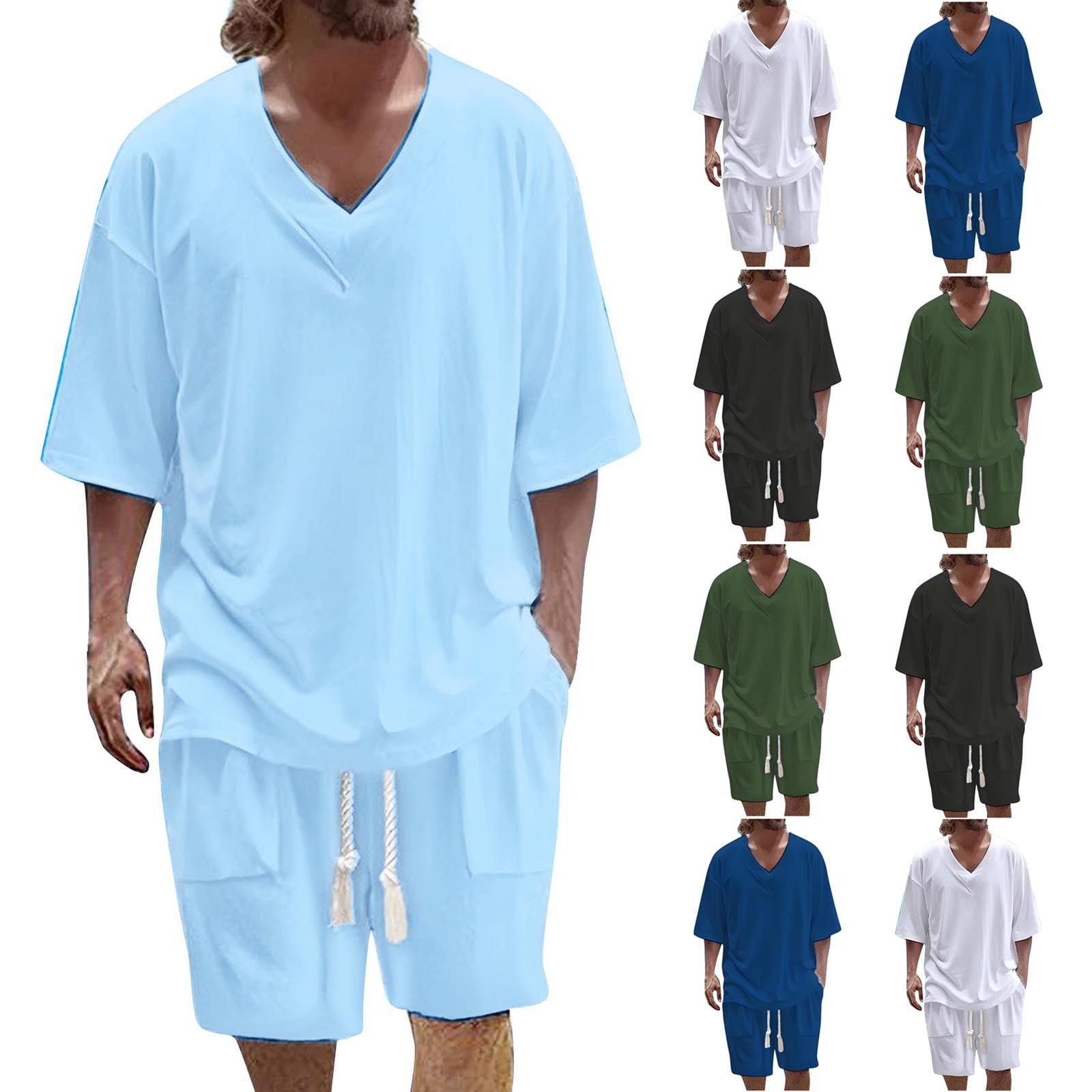 UVEASISHA Mens 2 Piece Tracksuit Short Set Drop Shoulder Short Sleeve V ...