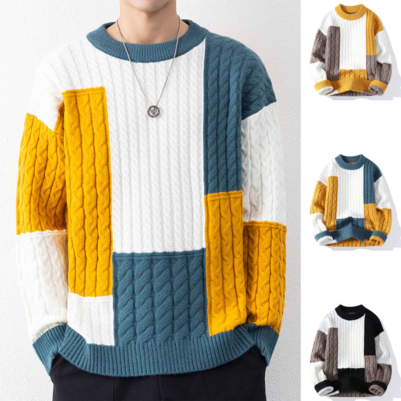 UVEASISHA Mens Color Block Sweater Long Sleeve Twist Knitted Pullover ...