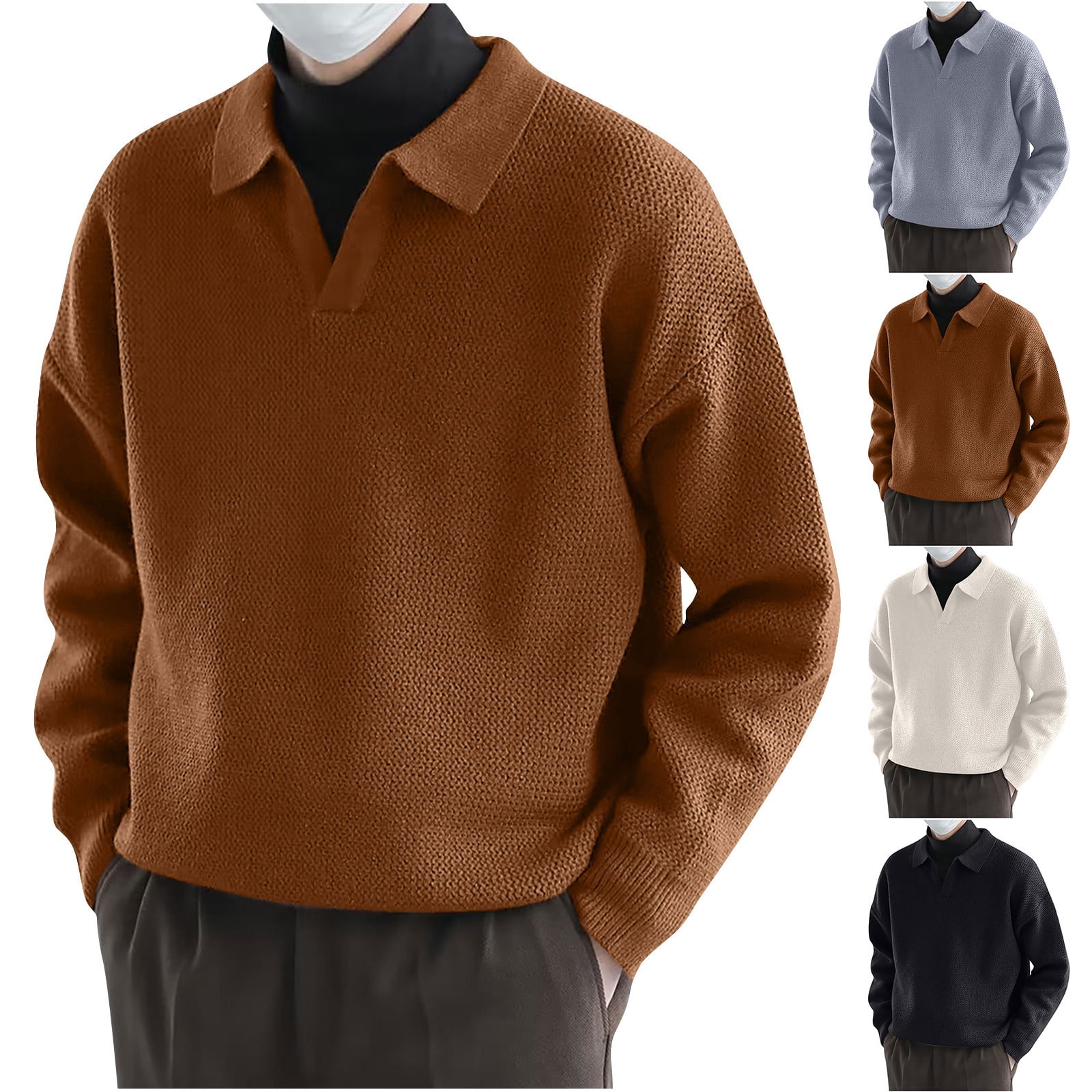UVEASISHA Mens Fall Knitted Sweater Soft Long Sleeve Lapel Knit ...