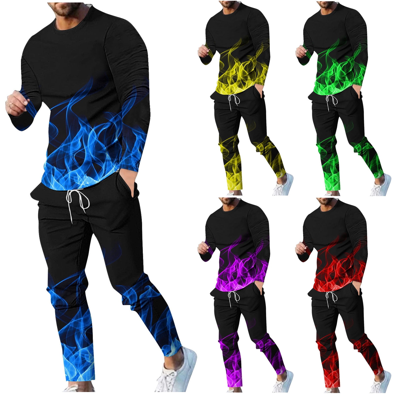 UVEASISHA Mens Flame Print Sweatsuit Long Sleeve Crewneck Tracksuit ...