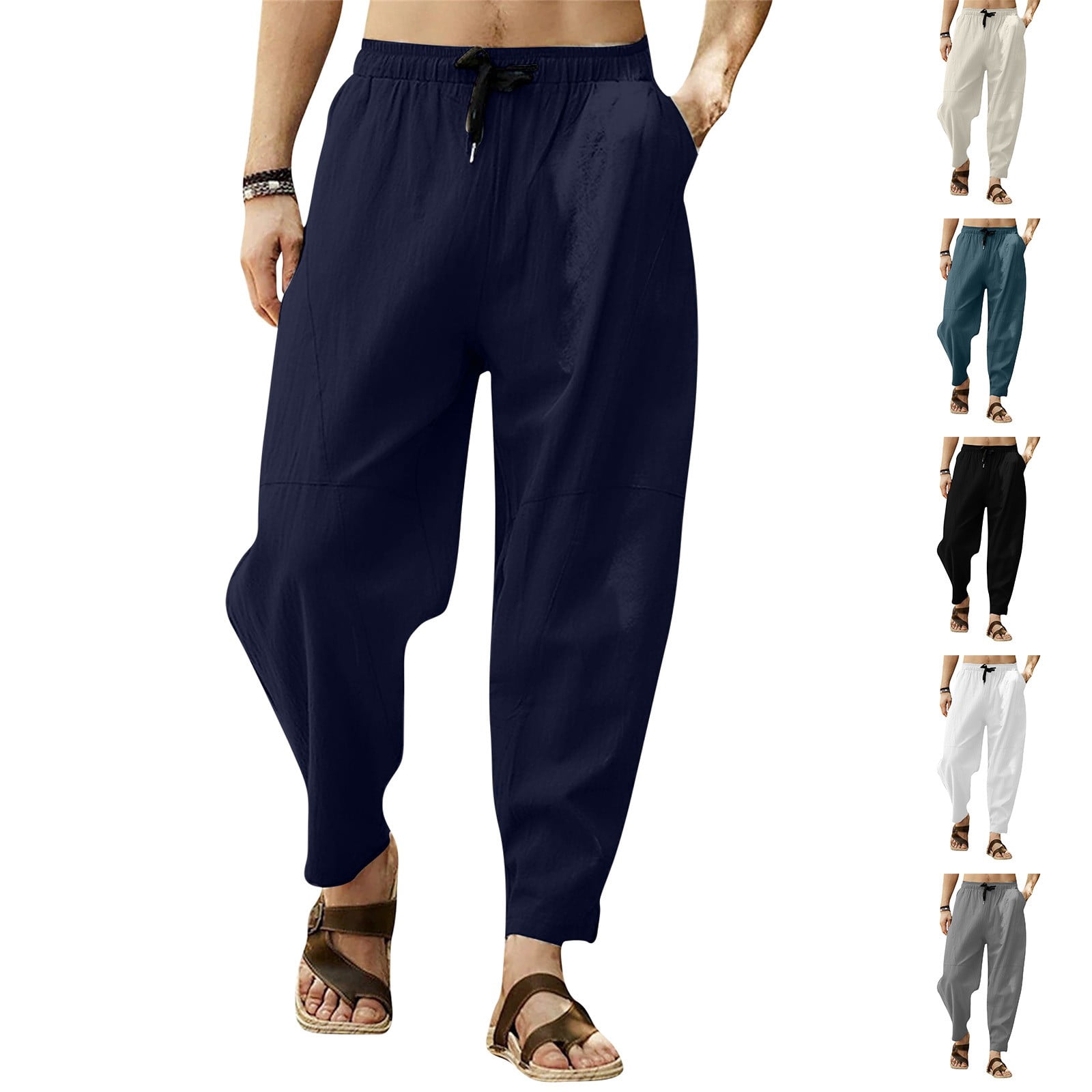 UVEASISHA Mens Harem Pants Linen Casual Loose Capri Pants Drawstring ...
