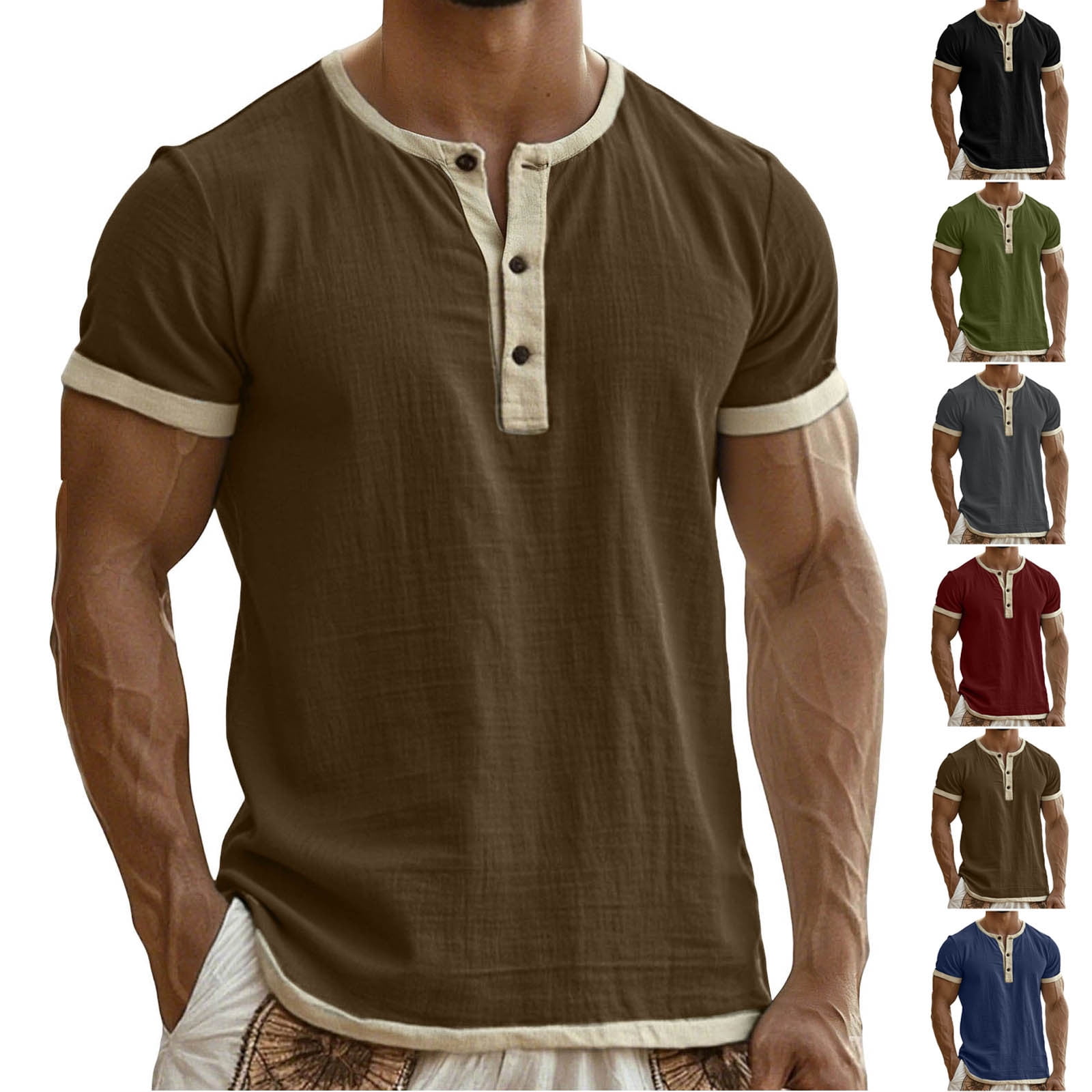 UVEASISHA Mens Linen Henley Shirt Short Sleeve Button Up Collarless T ...