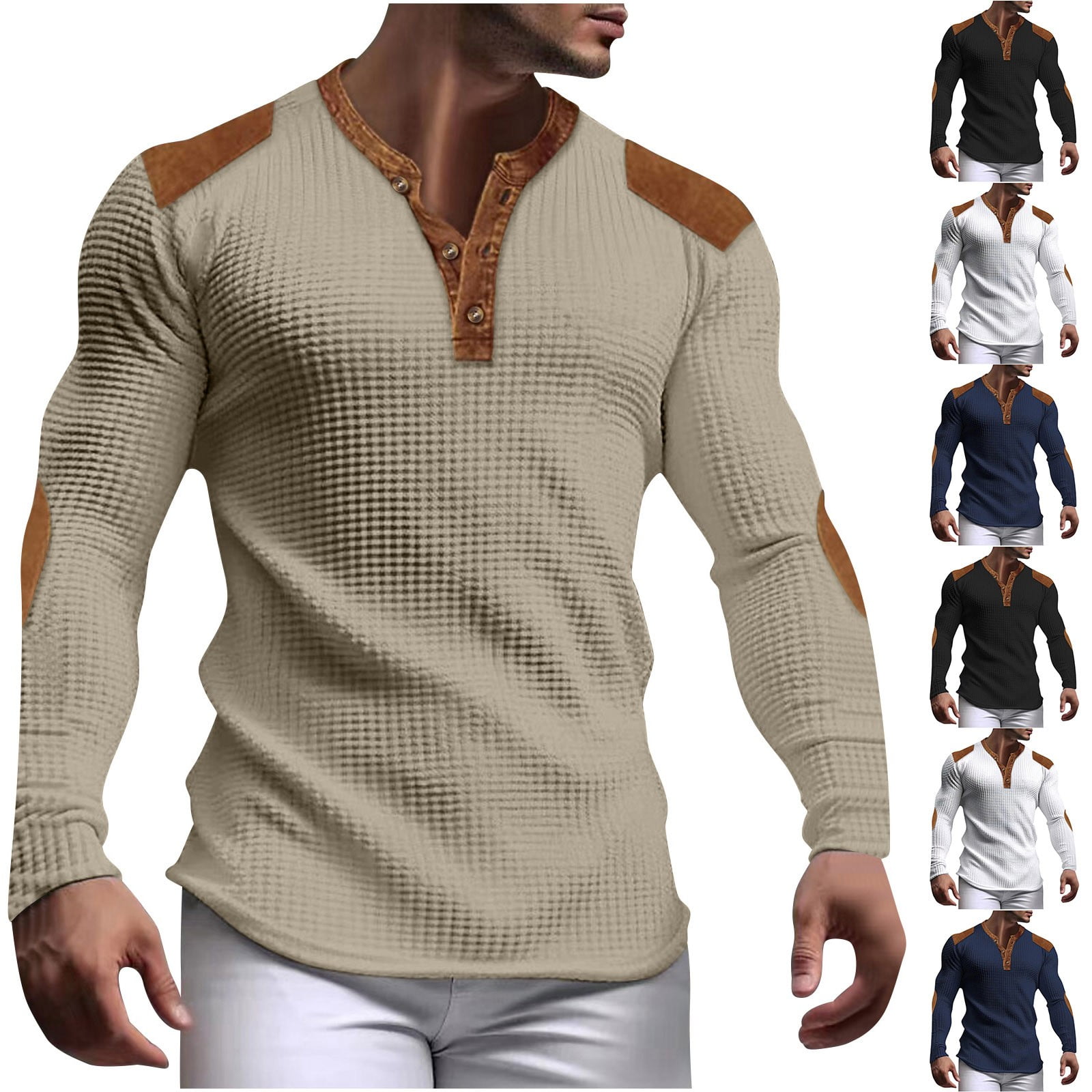UVEASISHA Mens Long Sleeve Waffle Tee Slim Fit Button V Neck T-Shirts ...