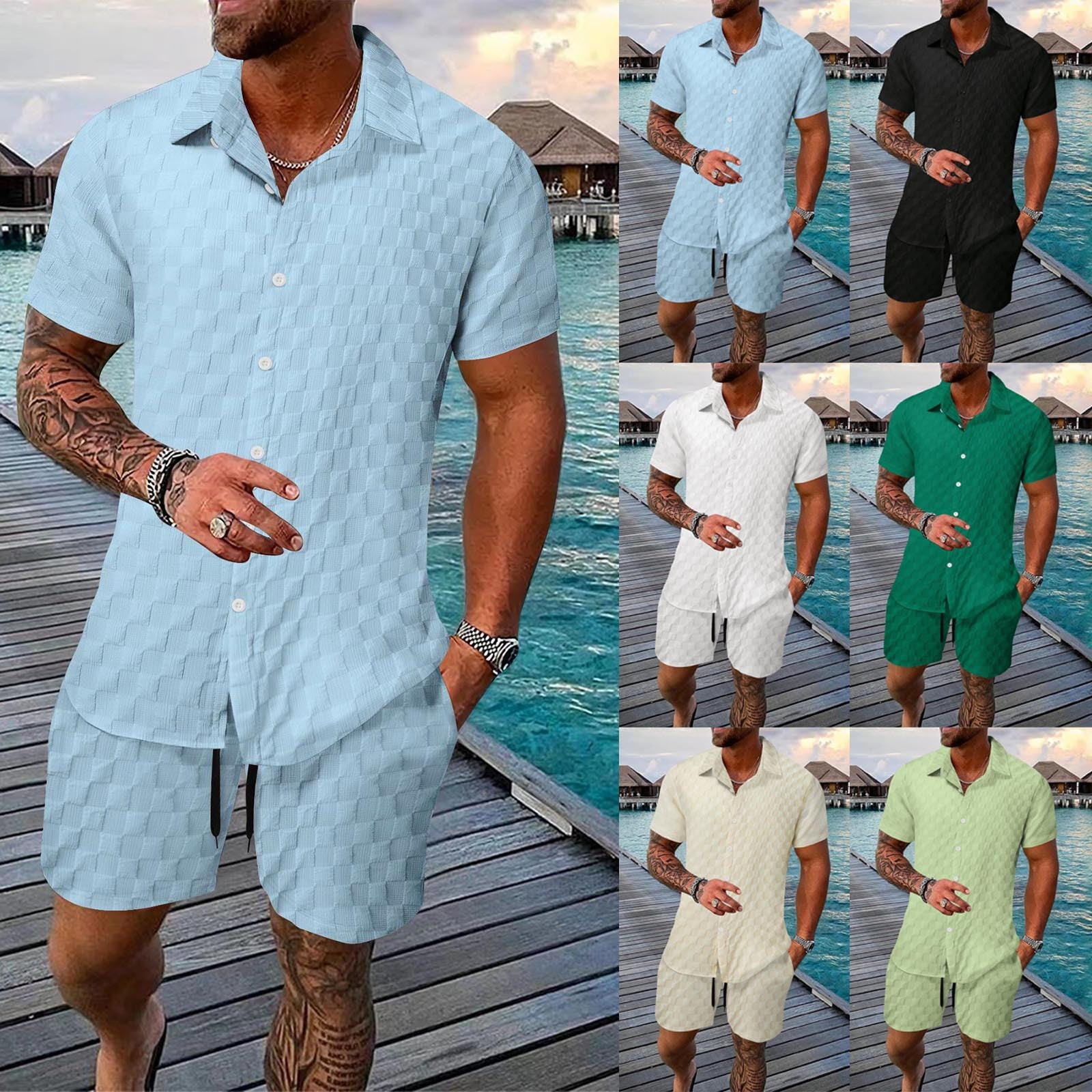 UVEASISHA Mens Summer Casual Shorts Sets Button Down Short Sleeve Shirt ...