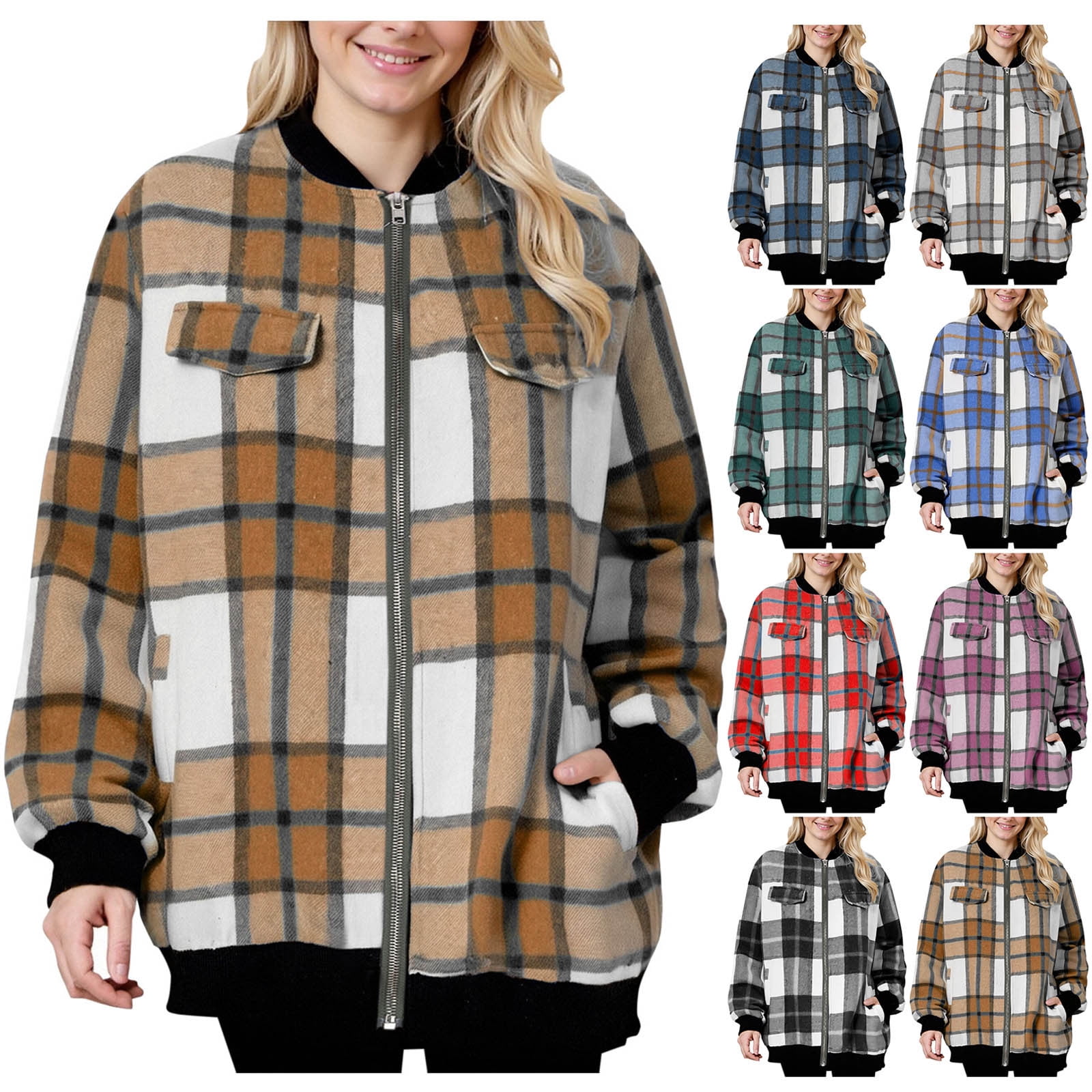UVEASISHA Oversized Plaid Jackets for Women Boyfriend Zip Up Bomber ...