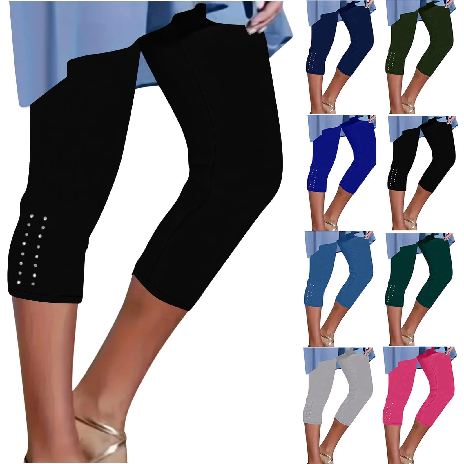 UVEASISHA Rhinestone Hem Capri Leggings for Women Cropped High Waist ...