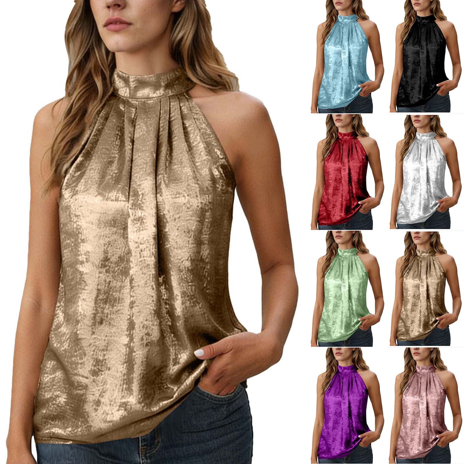 UVEASISHA Women's Halter Tops Pleated Elegant Tank Tops Dressy Back ...