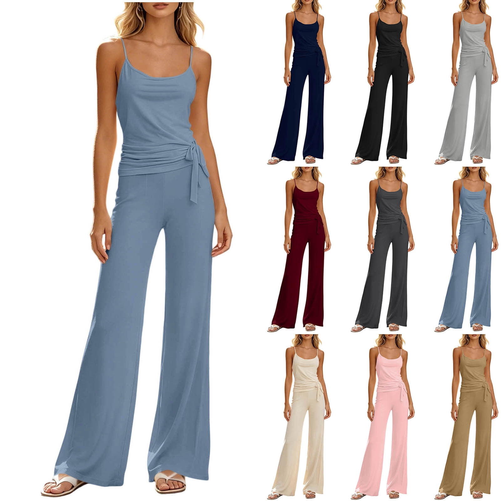 UVEASISHA Women's Matching Sets Spaghetti Strap Tank Top Wide Leg Pants ...