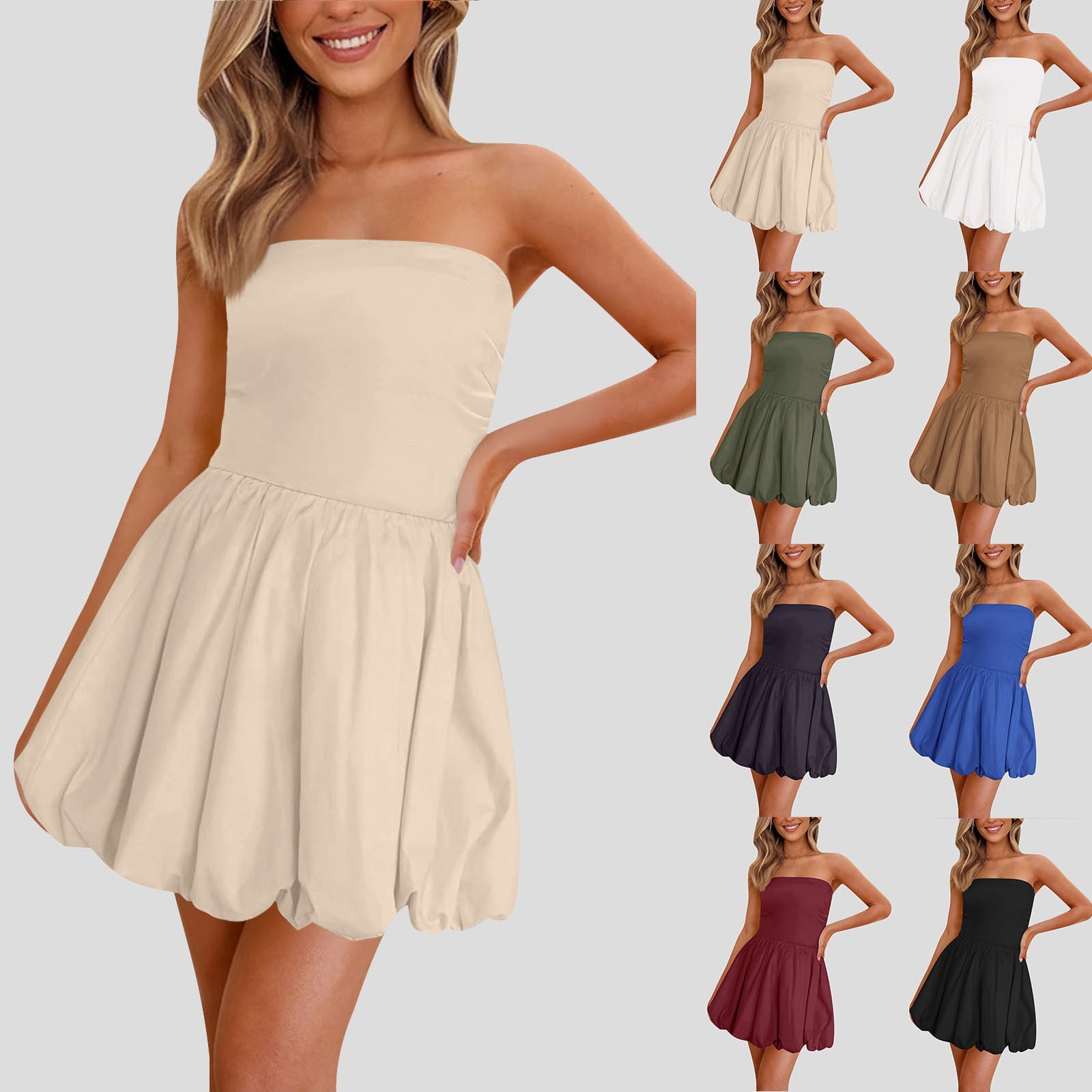 UVEASISHA Womens Bubble Mini Dress A Line Ruched Strapless Sundress ...