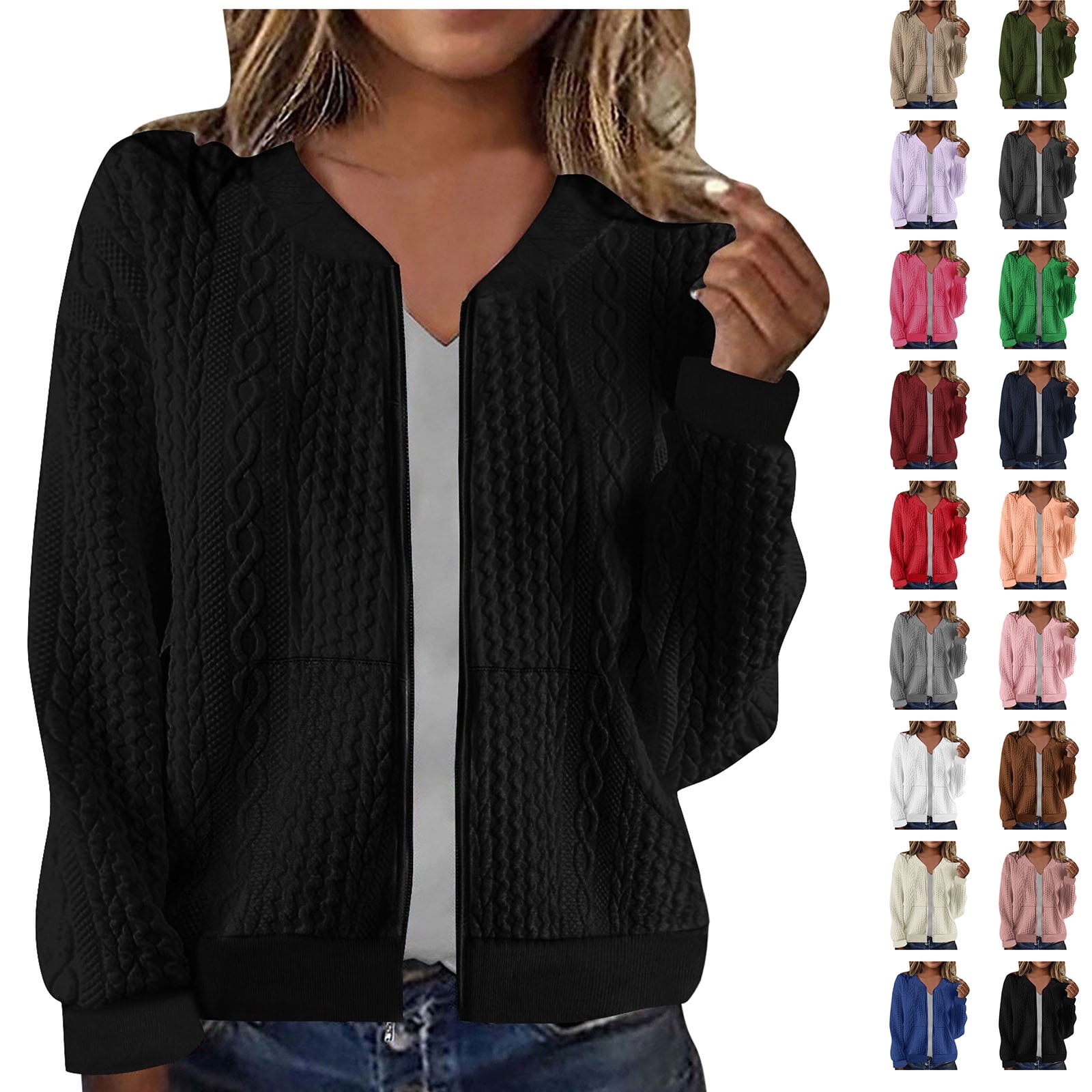 UVEASISHA Womens Open Front Sweaters V Neck Zip Up Long Sleeve Sweater ...