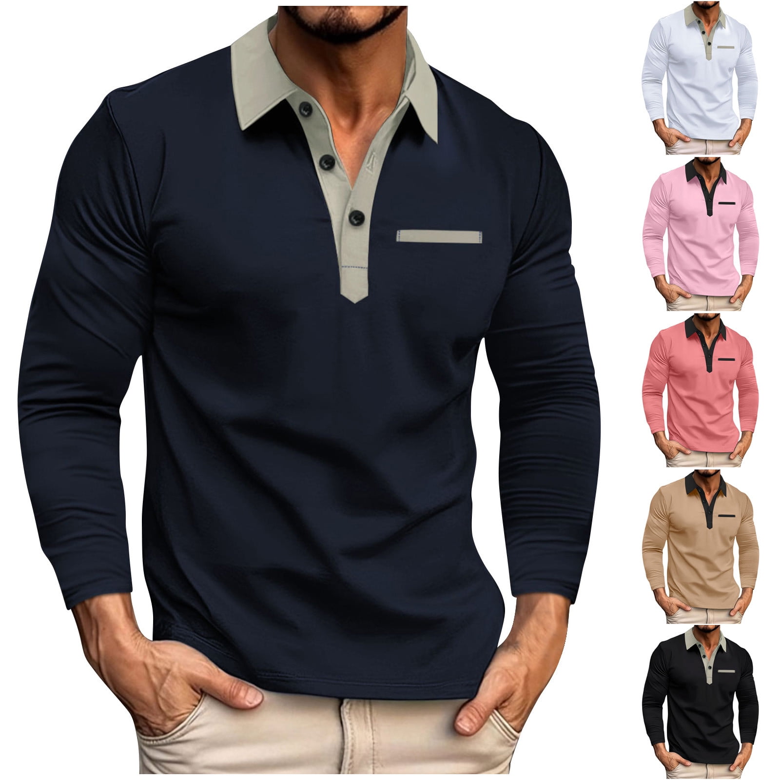 UVEASISHA Work Shirts for Men Long Sleeve Stylish Contrast Neck Polos ...