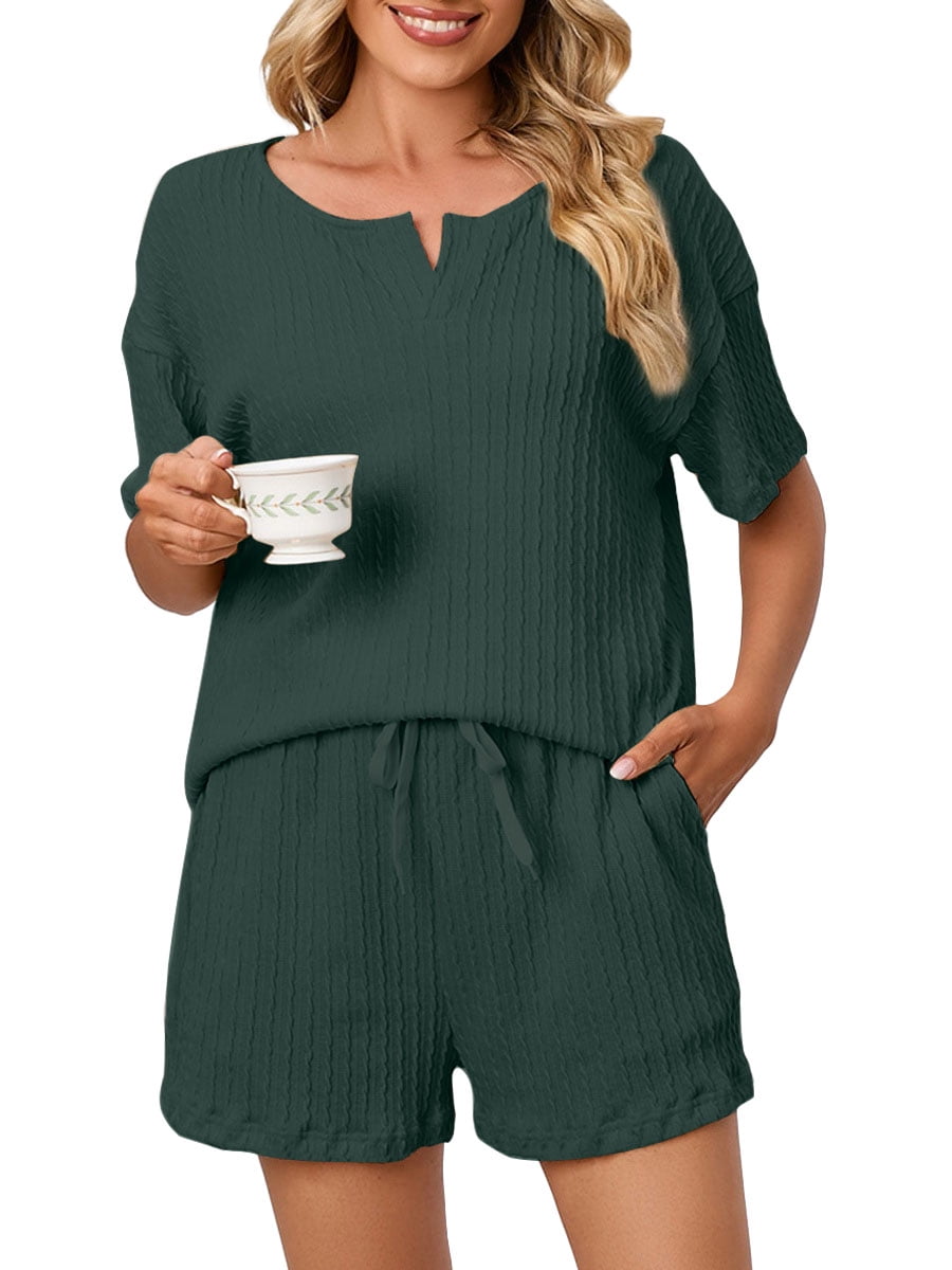 UVN 2 Piece Pajama Sets for Women Short Sleeve Top and Shorts Sleepwear ...