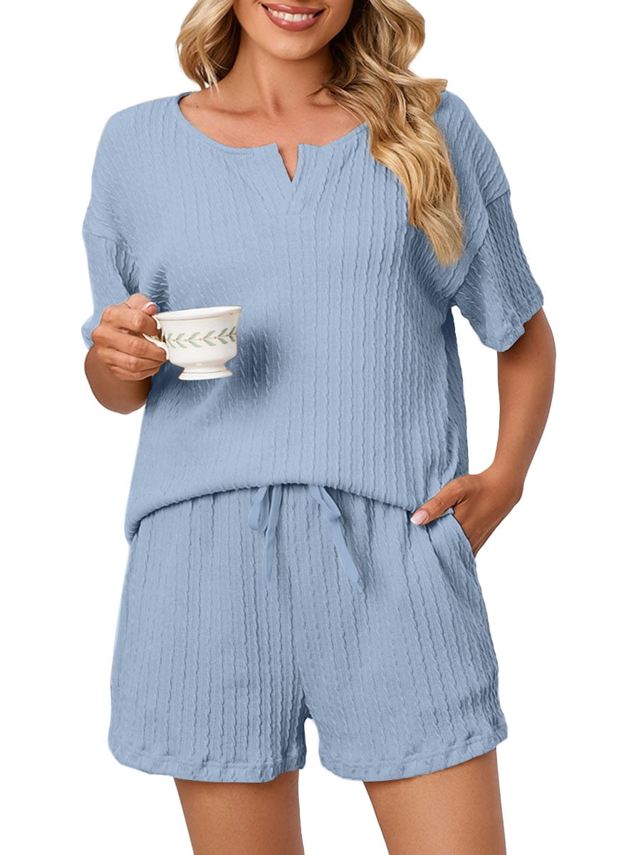 UVN 2 Piece Pajama Sets for Women Short Sleeve Top and Shorts Sleepwear ...