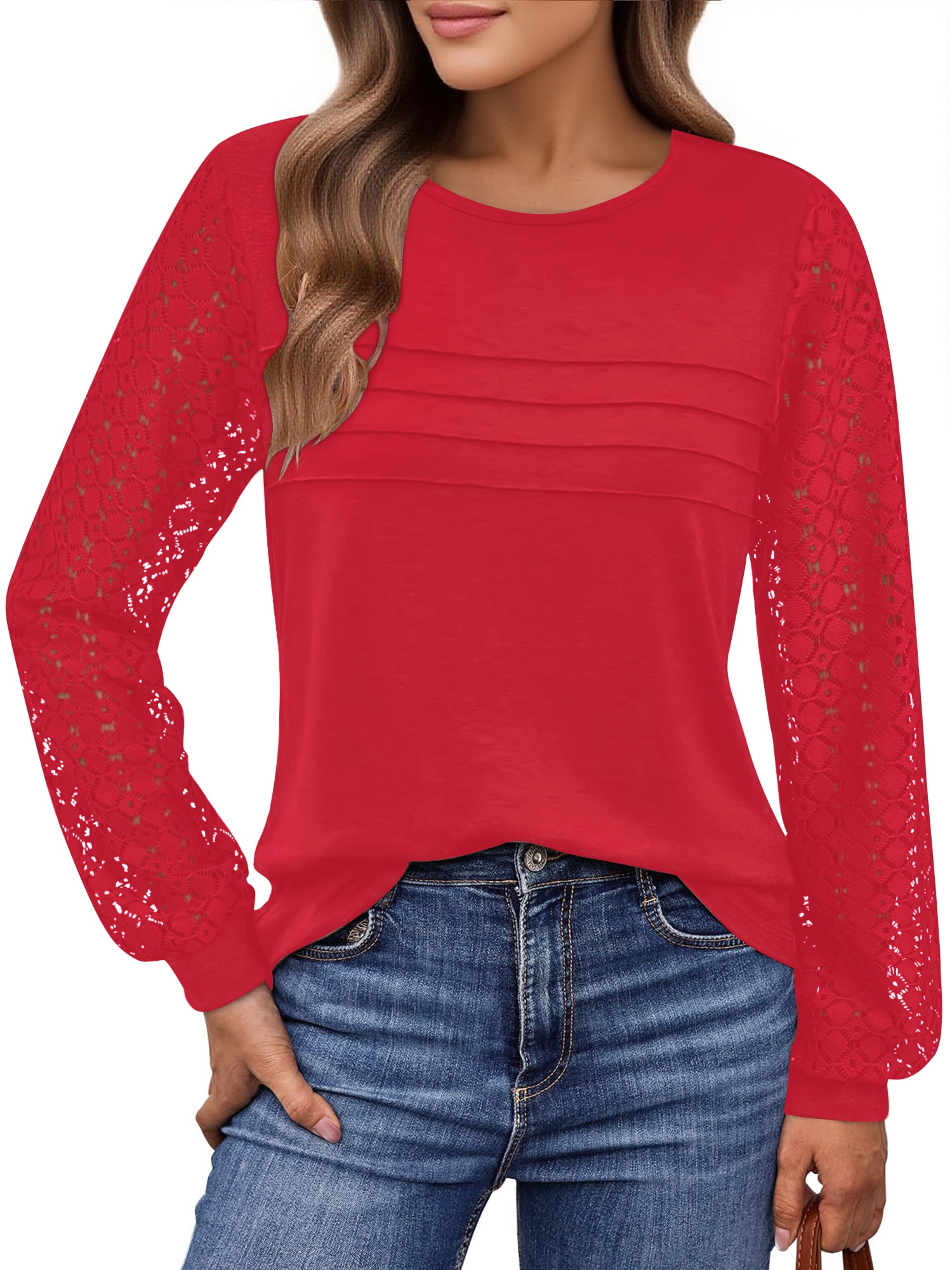 UVN Blouses for Women Dressy Lace Pleated Tunic Tops Casual Long Sleeve ...