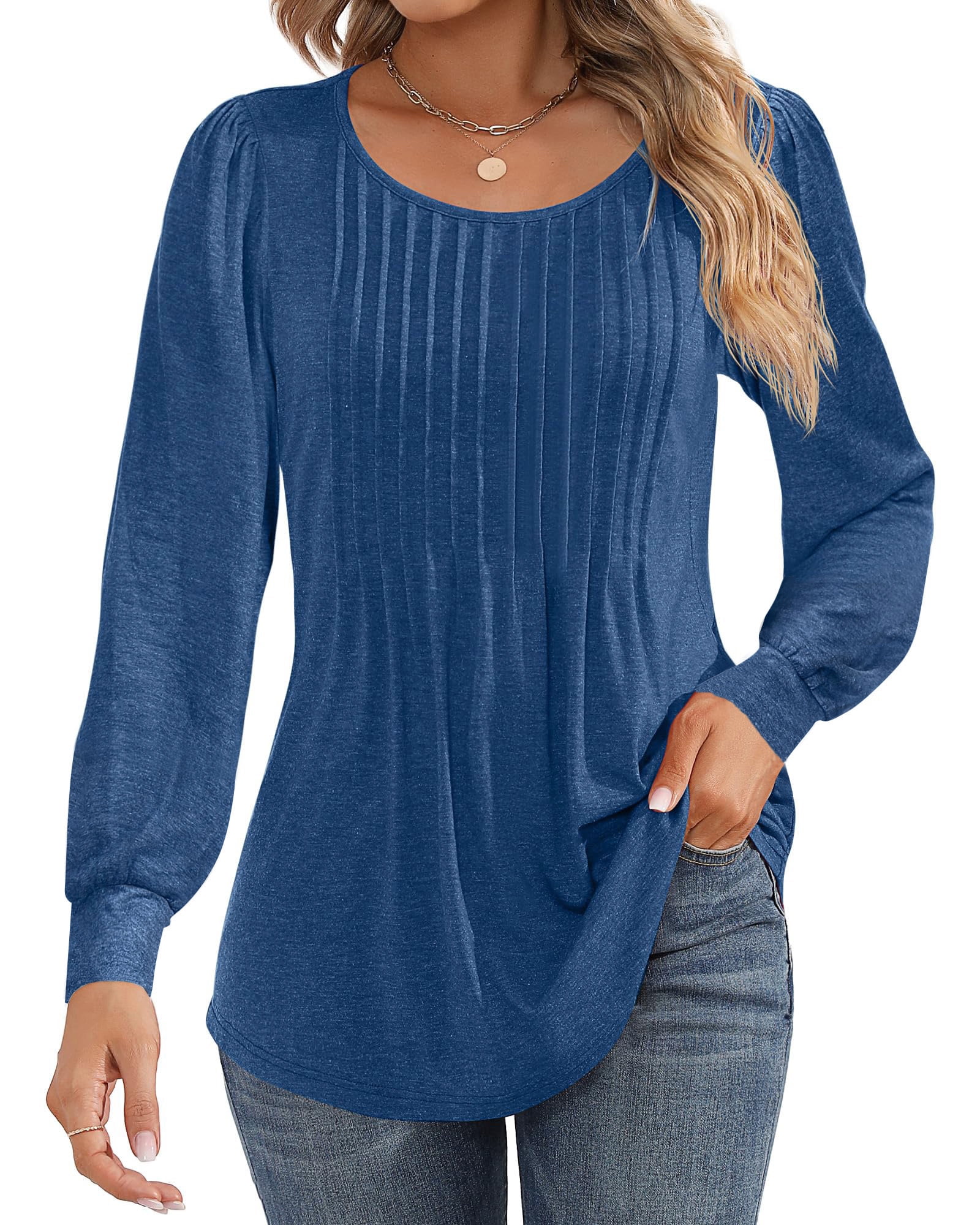 UVN Blouses for Women Pleated Long Sleeve Shirts Crew Neck Dressy ...