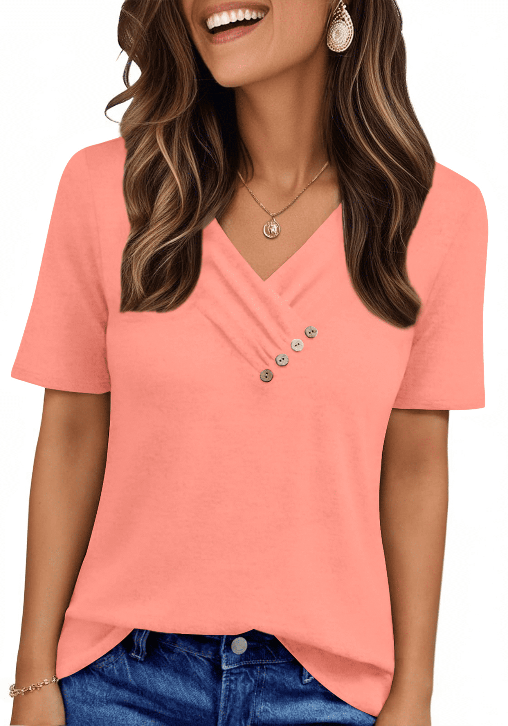 UVN Blouses for Women Summer Short Sleeve V Neck Button Shirts Dressy ...