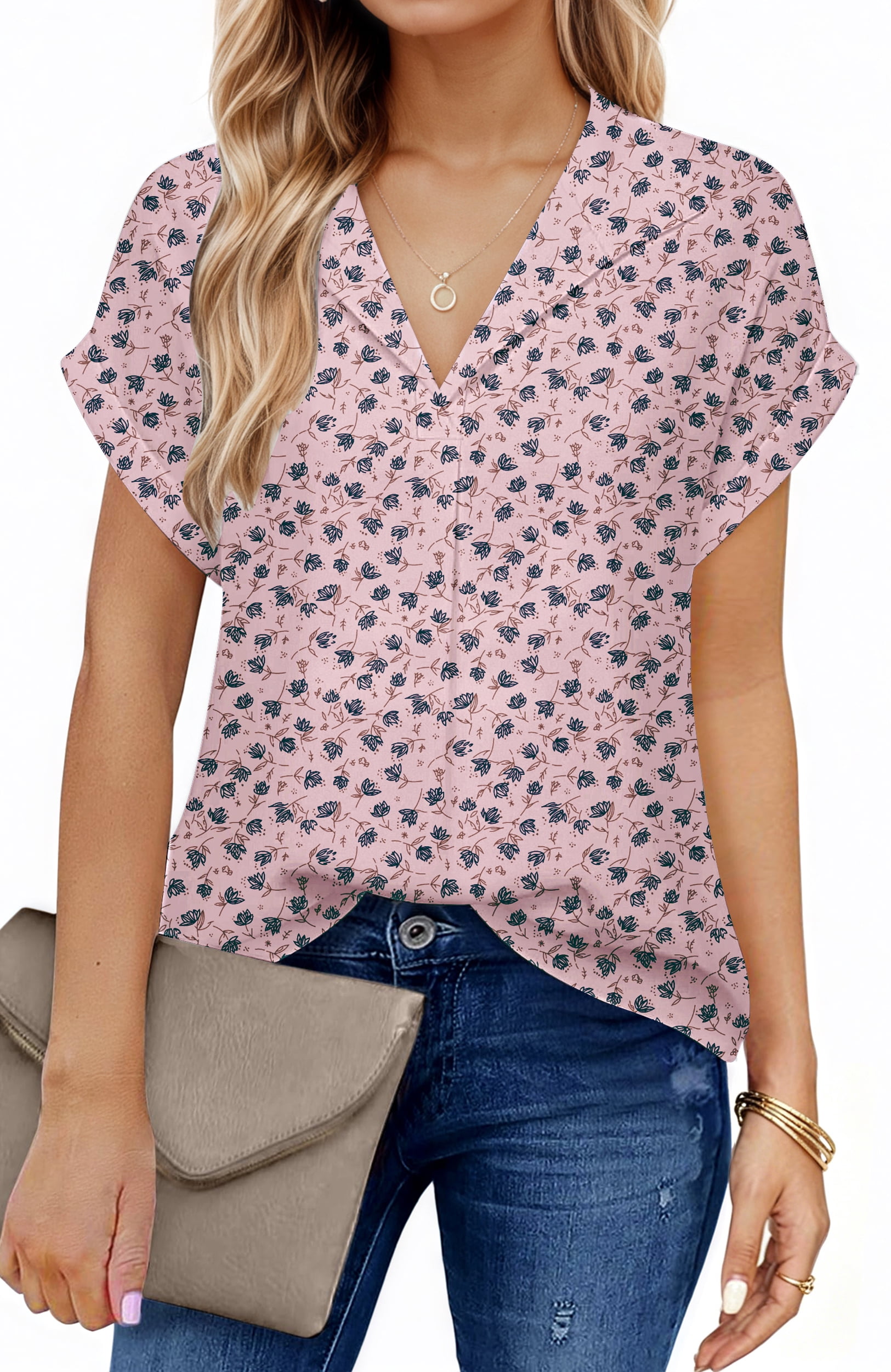 UVN Blouses for Women Summer Short Sleeve Work Shirts Dressy Casual V ...