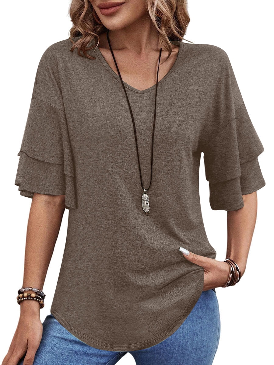 UVN Blouses for Women V Neck Half Bell Sleeve Shirts Summer Ladies ...