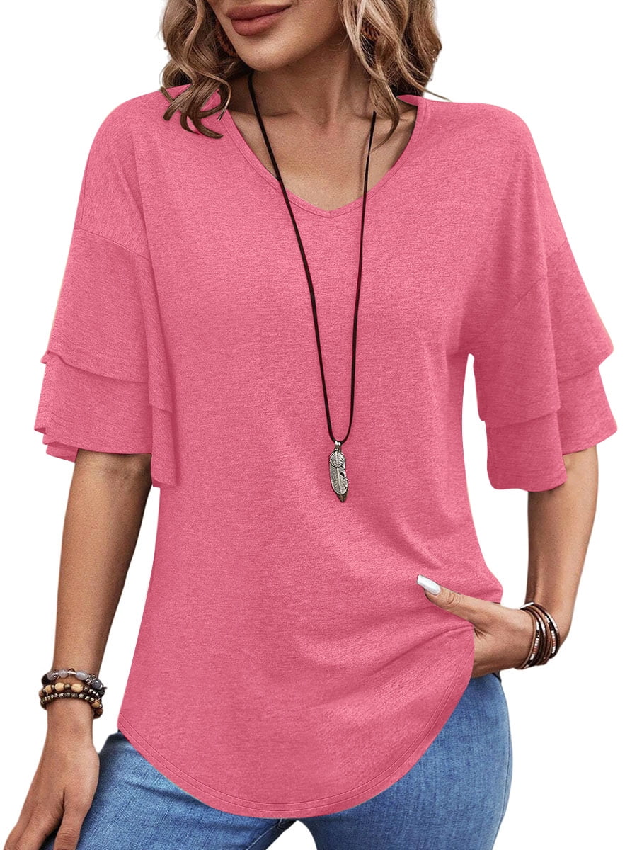 UVN Blouses for Women V Neck Half Bell Sleeve Shirts Summer Ladies ...