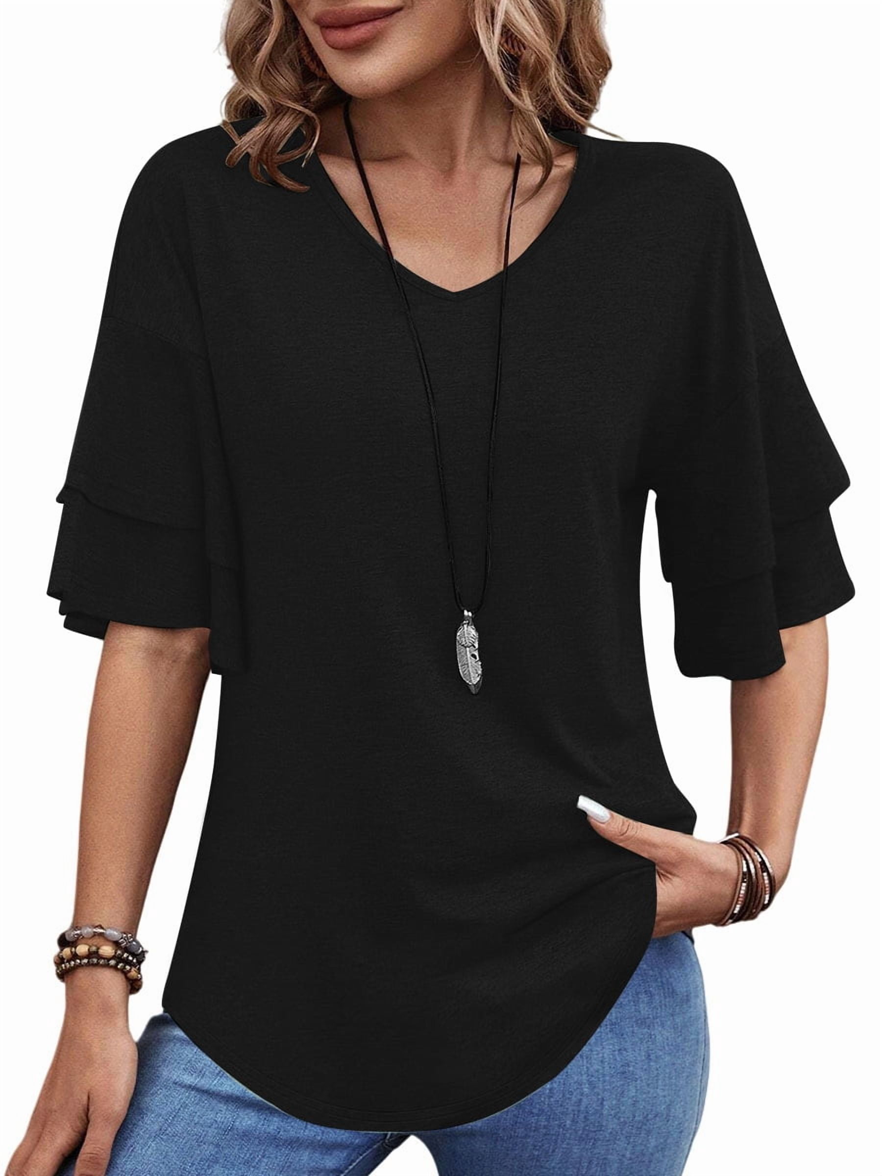 UVN Blouses for Women V Neck Half Bell Sleeve Shirts Summer Ladies ...