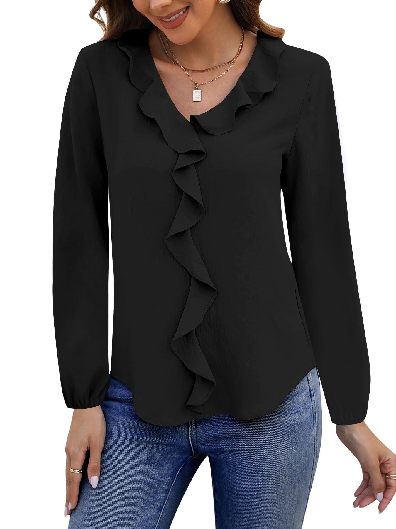 UVN Blouses for Women V Neck Long Sleeve Shirts Dressy Casual Ruffle ...