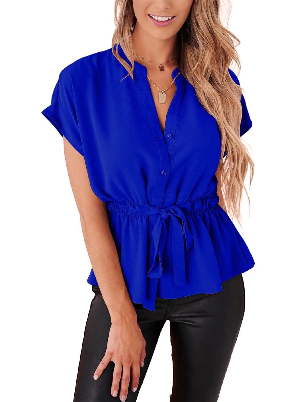 UVN Button-down Blouses Women Casual Peplum Shirts Summer Dressy ...