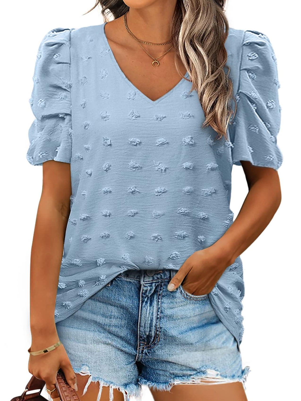 UVN Chiffon Blouse for Women Summer V Neck Shirt Casual Puff Sleeve ...
