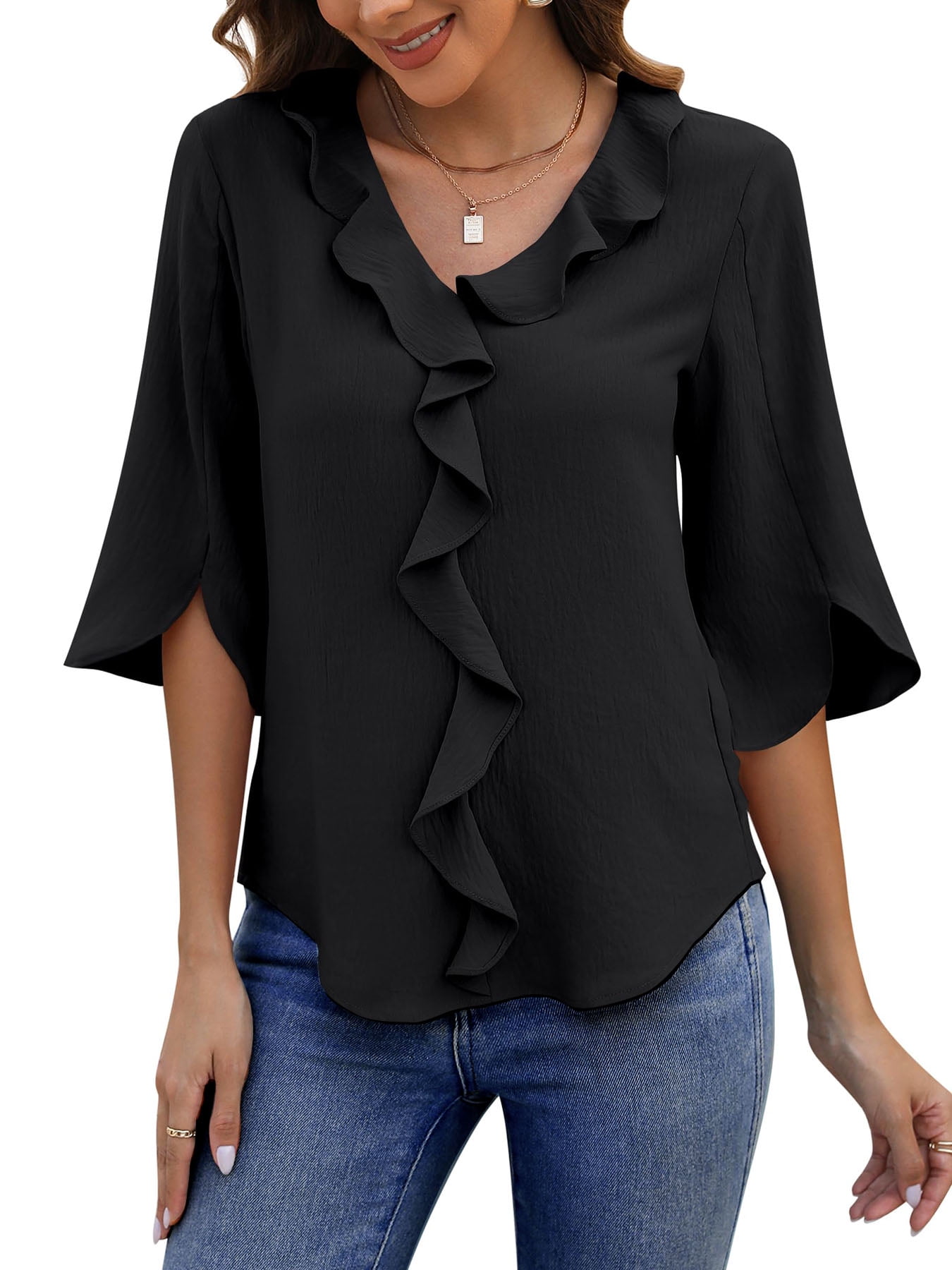 UVN Chiffon Blouses for Women Dressy Ruffle V Neck Tops Summer Casual 3 ...