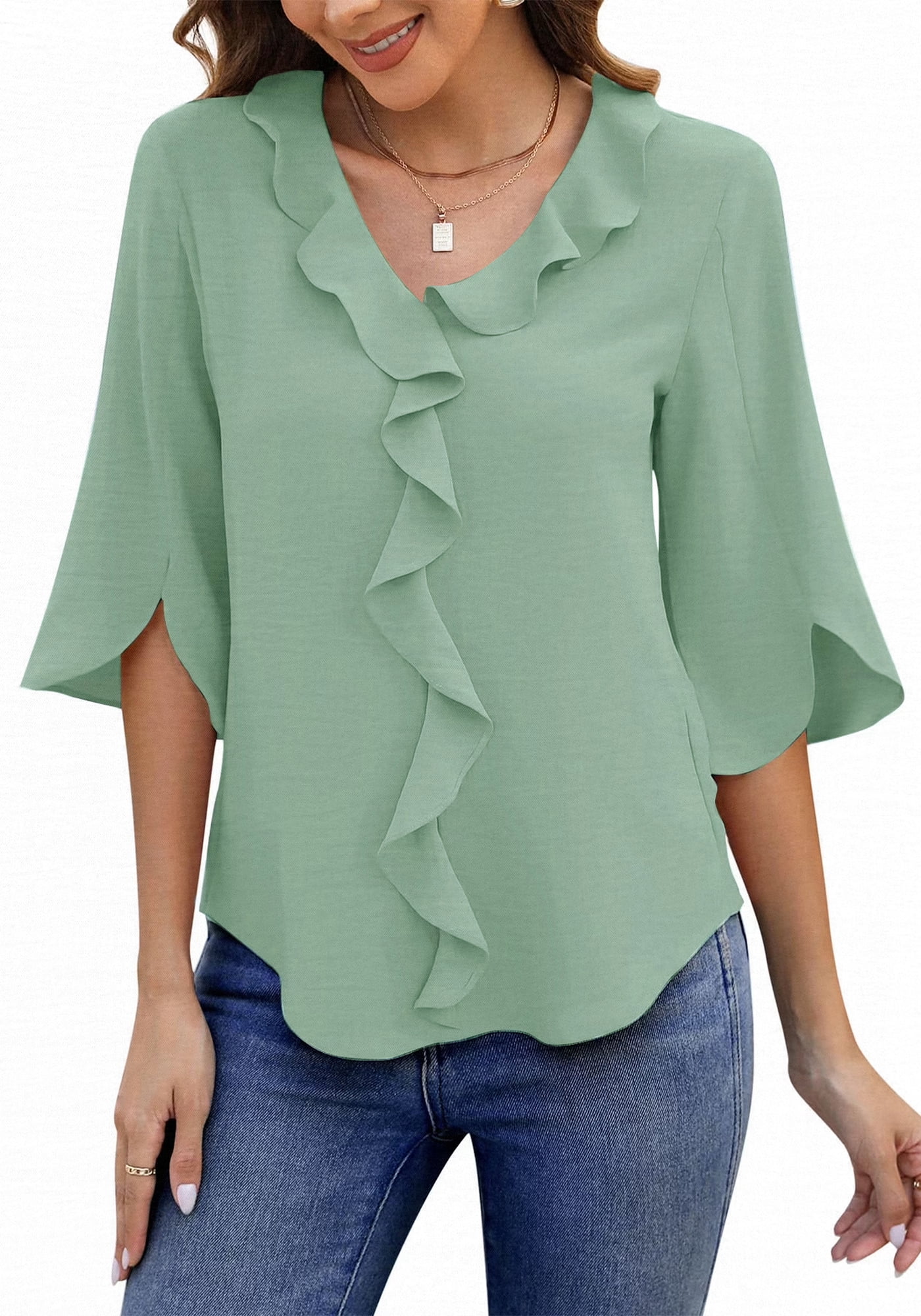 UVN Chiffon Blouses for Women, Ruffle V Neck Tops, Summer Casual 3/4 ...