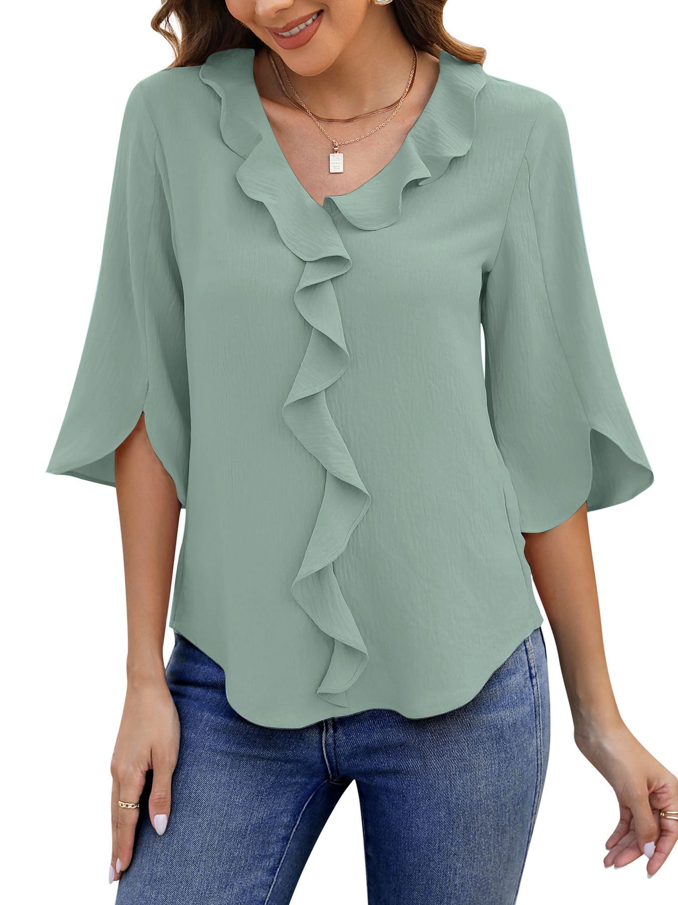 UVN Chiffon Blouses for Women Dressy Ruffle V Neck Tops Summer Casual ...