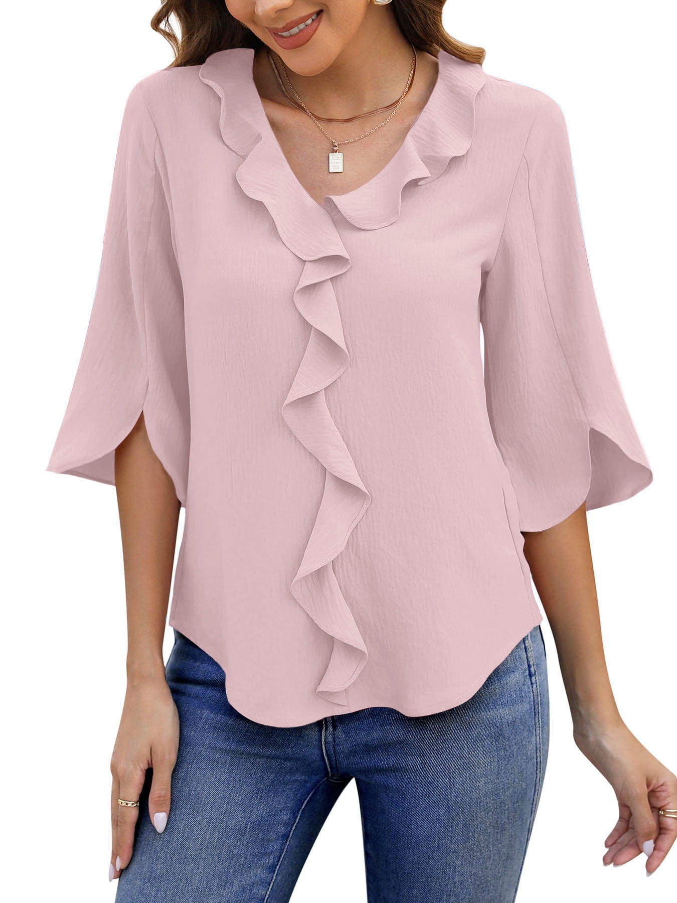 UVN Chiffon Blouses for Women Dressy Ruffle V Neck Tops Summer Casual 3 ...