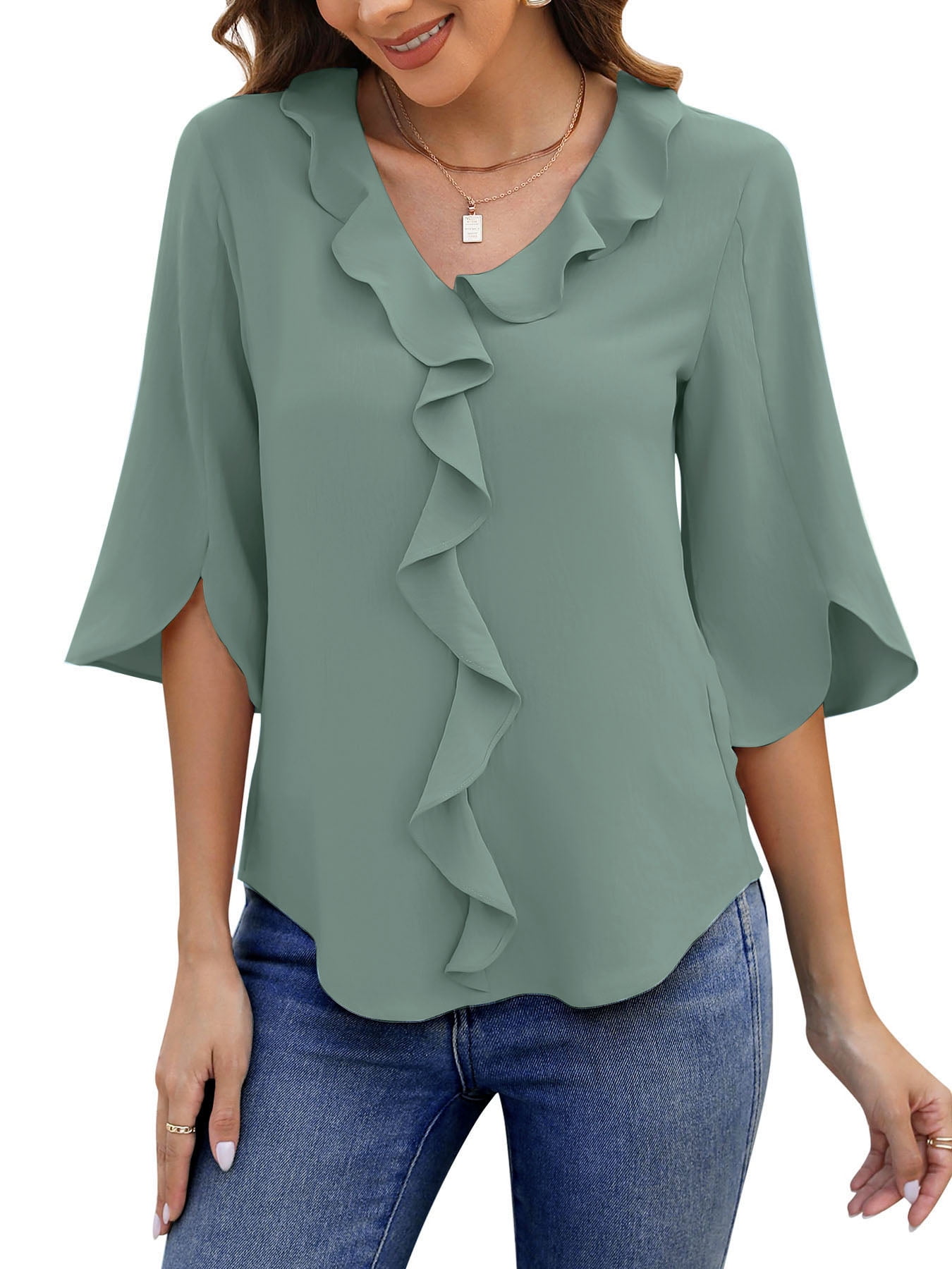UVN Chiffon Blouses for Women, Ruffle V Neck Tops, Summer Casual 3/4 ...