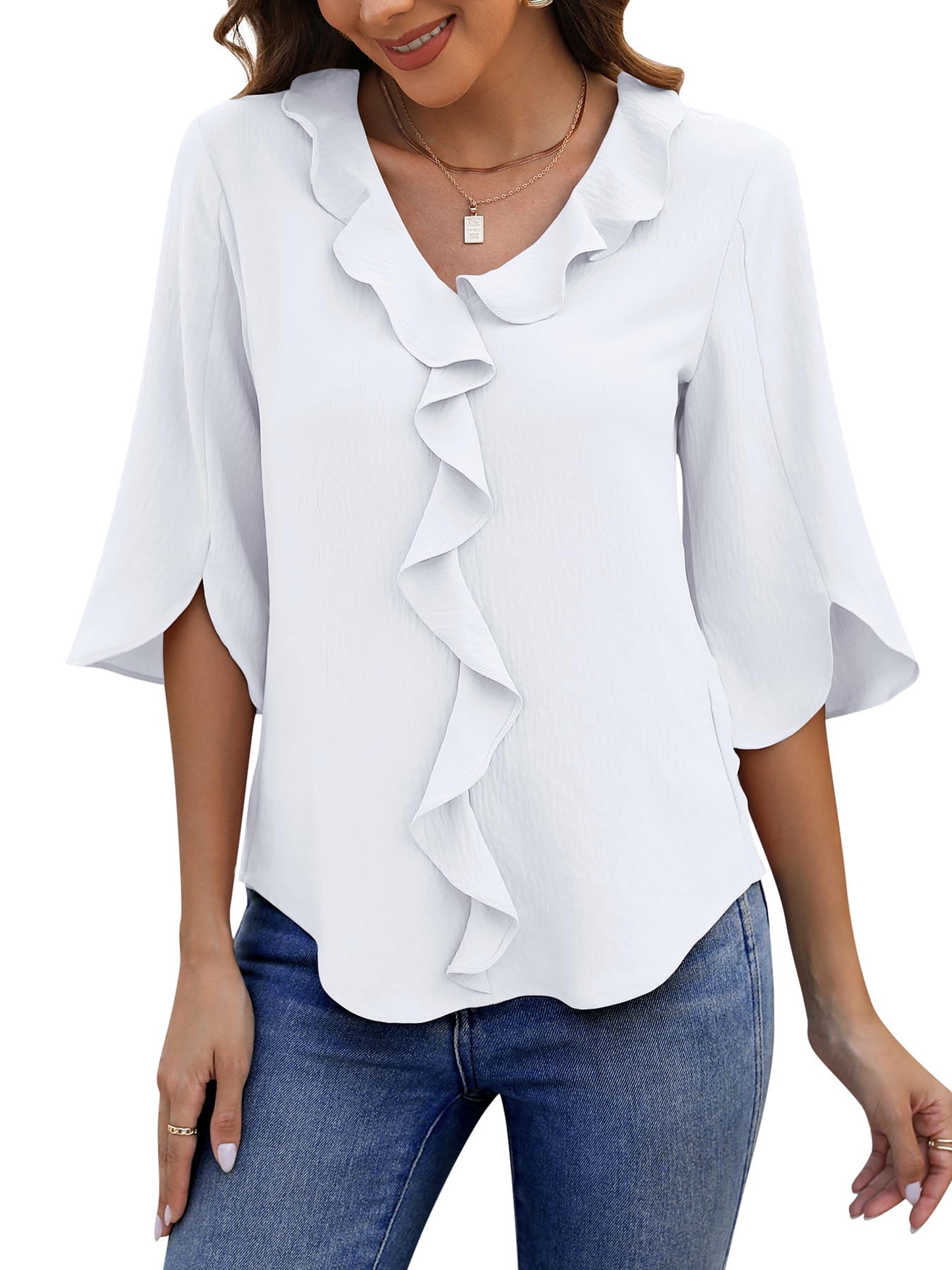 UVN Chiffon Blouses for Women Dressy Ruffle V Neck Tops Summer Casual ...
