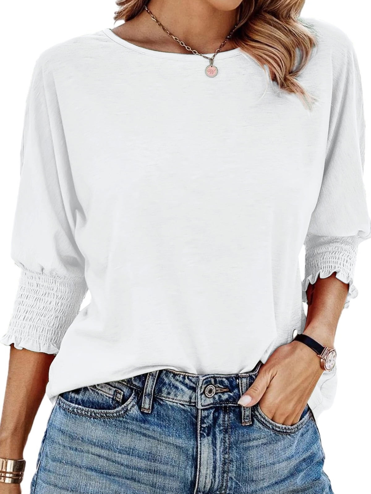UVN Crewneck Blouse for Women Summer 3/4 Sleeve T-Shirts Casual Tees ...