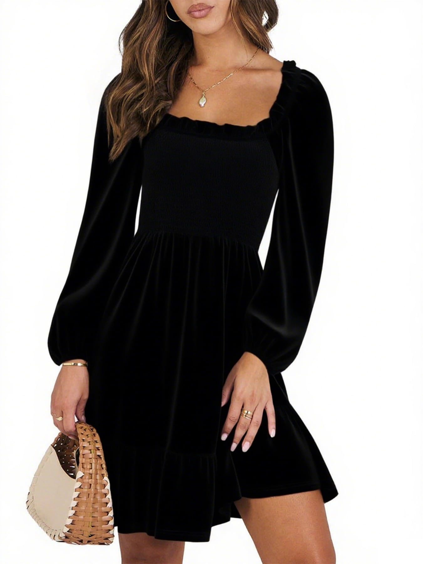 UVN Dresses for Women Casual Long Sleeve Square Neck Dress Ruffle ...