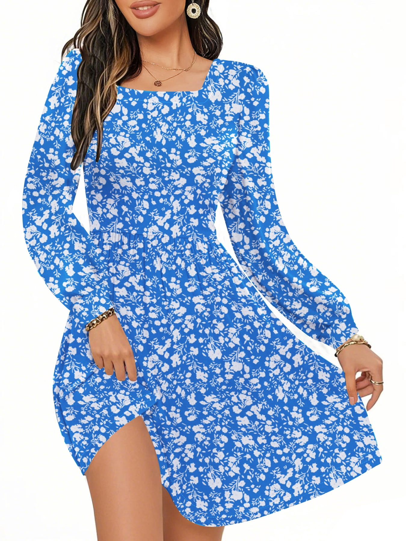UVN Dresses for Women Fall Long Sleeve Square Neck Dress Boho Floral ...