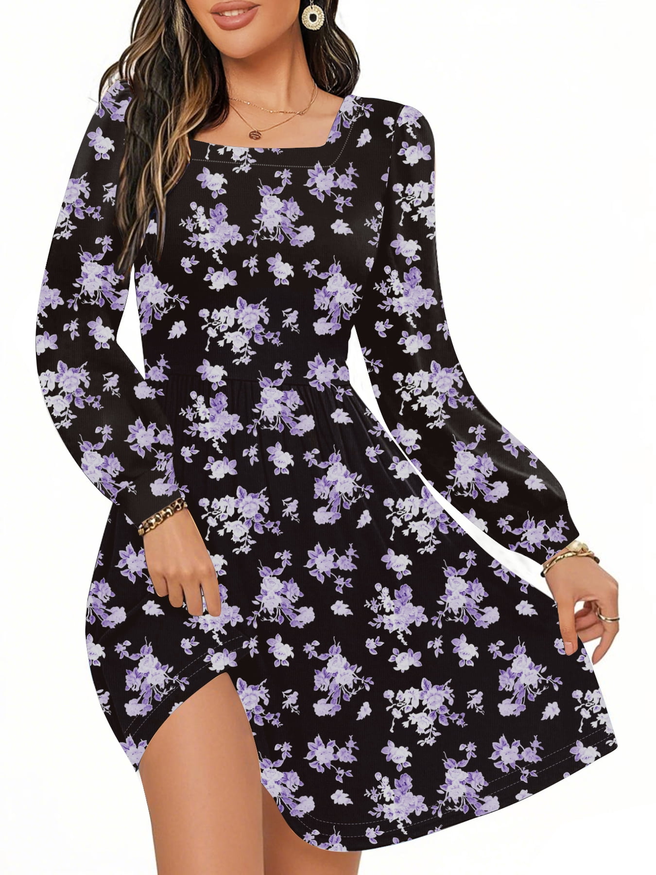 UVN Dresses for Women Fall Long Sleeve Square Neck Dress Boho Floral ...