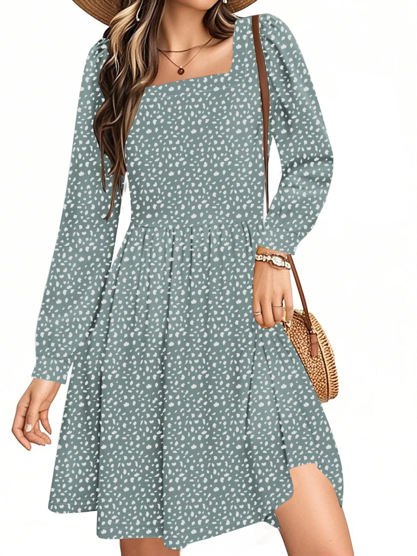 UVN Dresses for Women Fall Long Sleeve Square Neck Dress Boho Floral ...